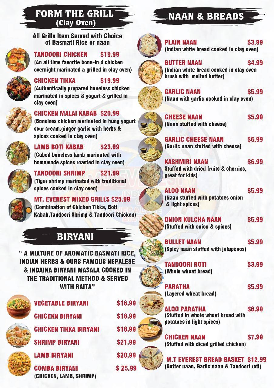 Menu at Mt. Everest Nepalese and Indian Bistro restaurant, Riverton