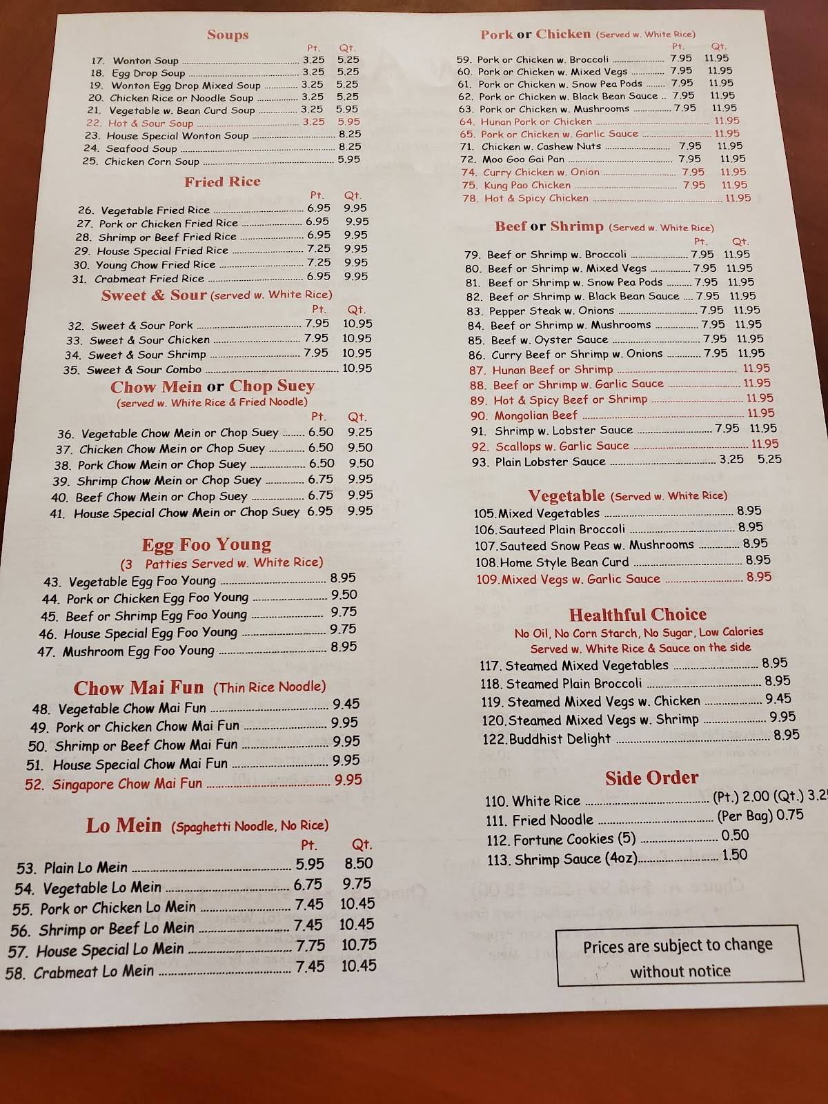 Menu at New Asia Chinese Restaurant, Boiling Springs