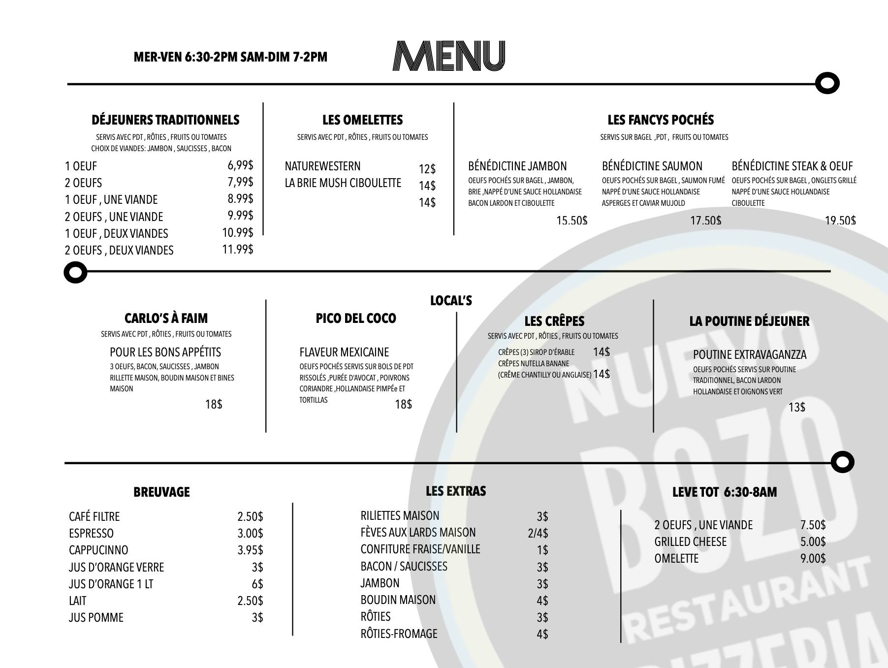 Menu au Restaurant Nuevo Bozo, Prévost