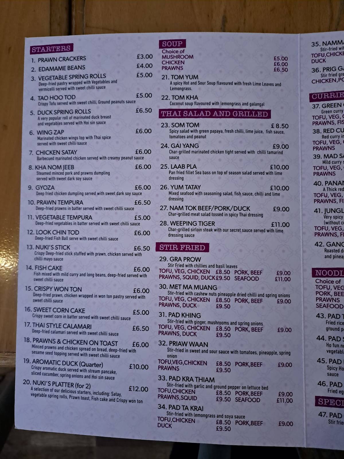 Menu at Nuki's Kitchen restaurant, London