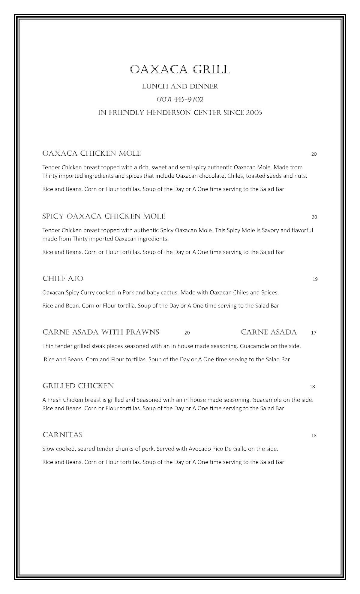 Menu at Oaxaca Grill restaurant, Eureka