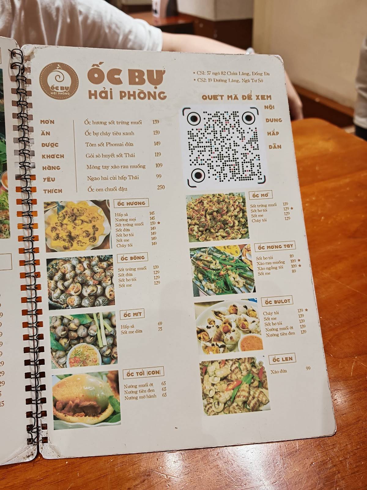 Menu at Ốc Bự Hải Phòng - 57 ngõ 82 Chùa Láng restaurant, Hanoi