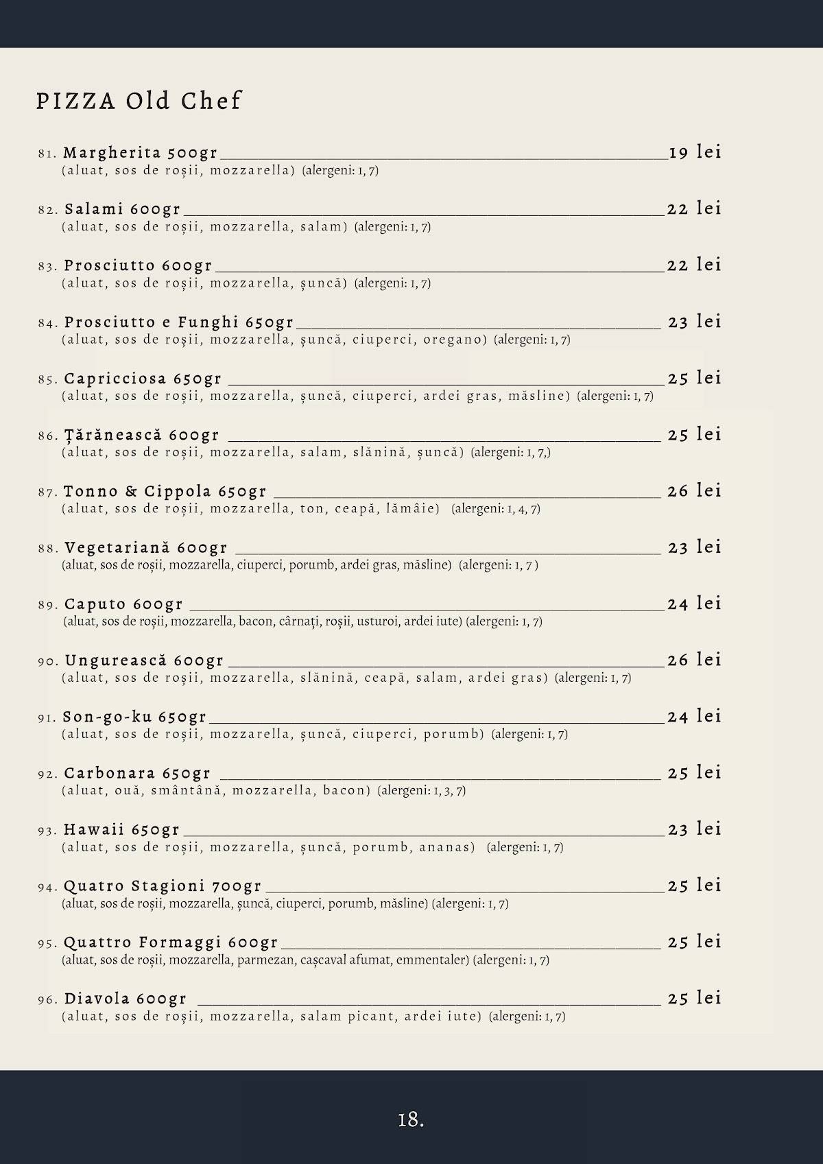 Menu at Old Chef, Biharia