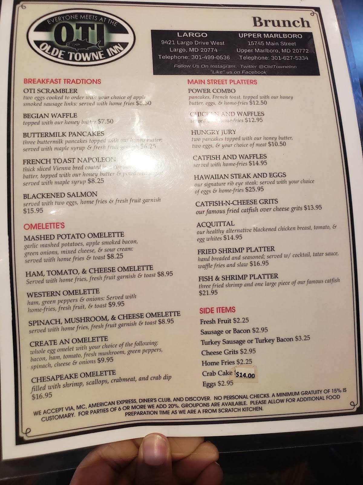 Menu at Olde Towne Inn restaurant, Upper Marlboro