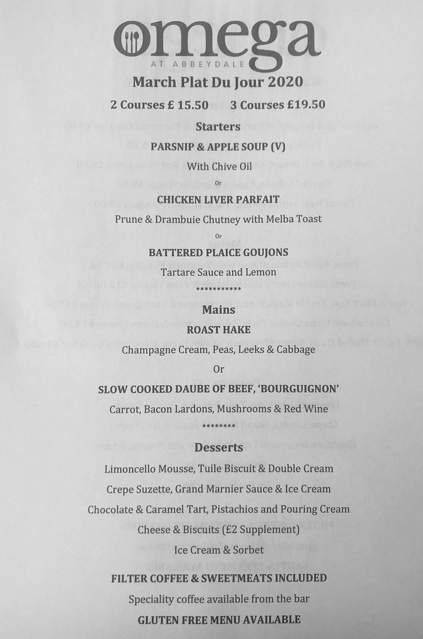 Menu at Omega at Abbeydale restaurant, Sheffield, Abbeydale Rd S