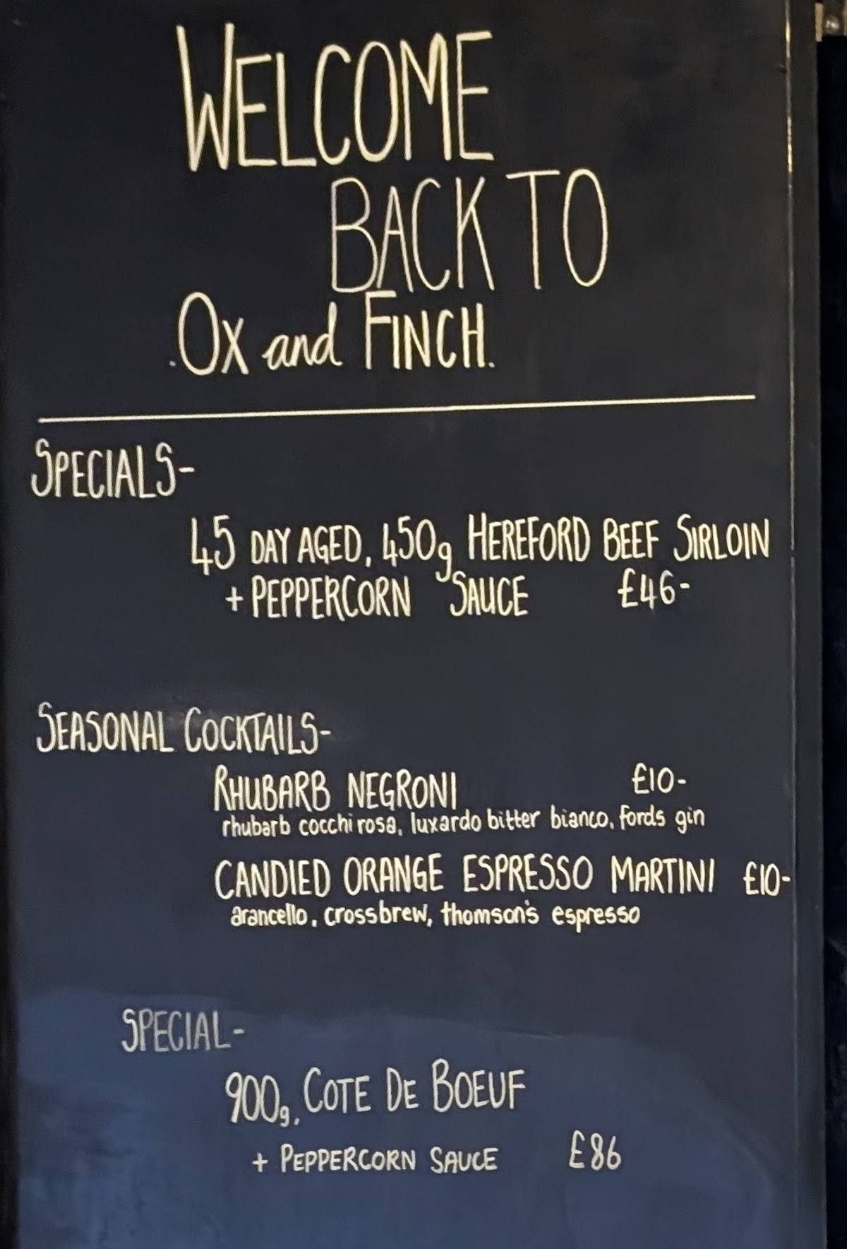 Menu at Ox and Finch restaurant, Glasgow, 920 Sauchiehall St