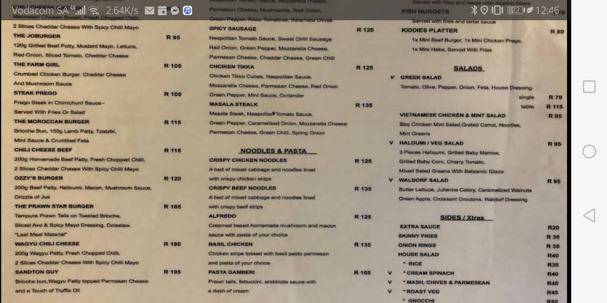 Menu at Ozzy's Kitchen restaurant, Johannesburg