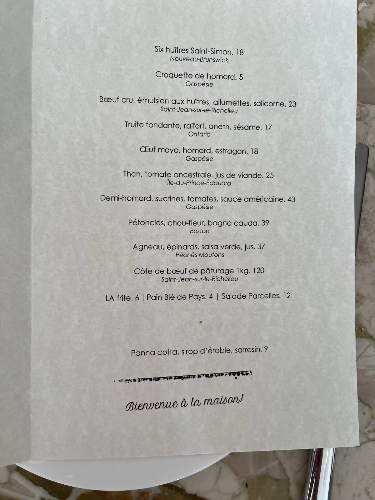 Menu au Restaurant Parapluie, Montréal