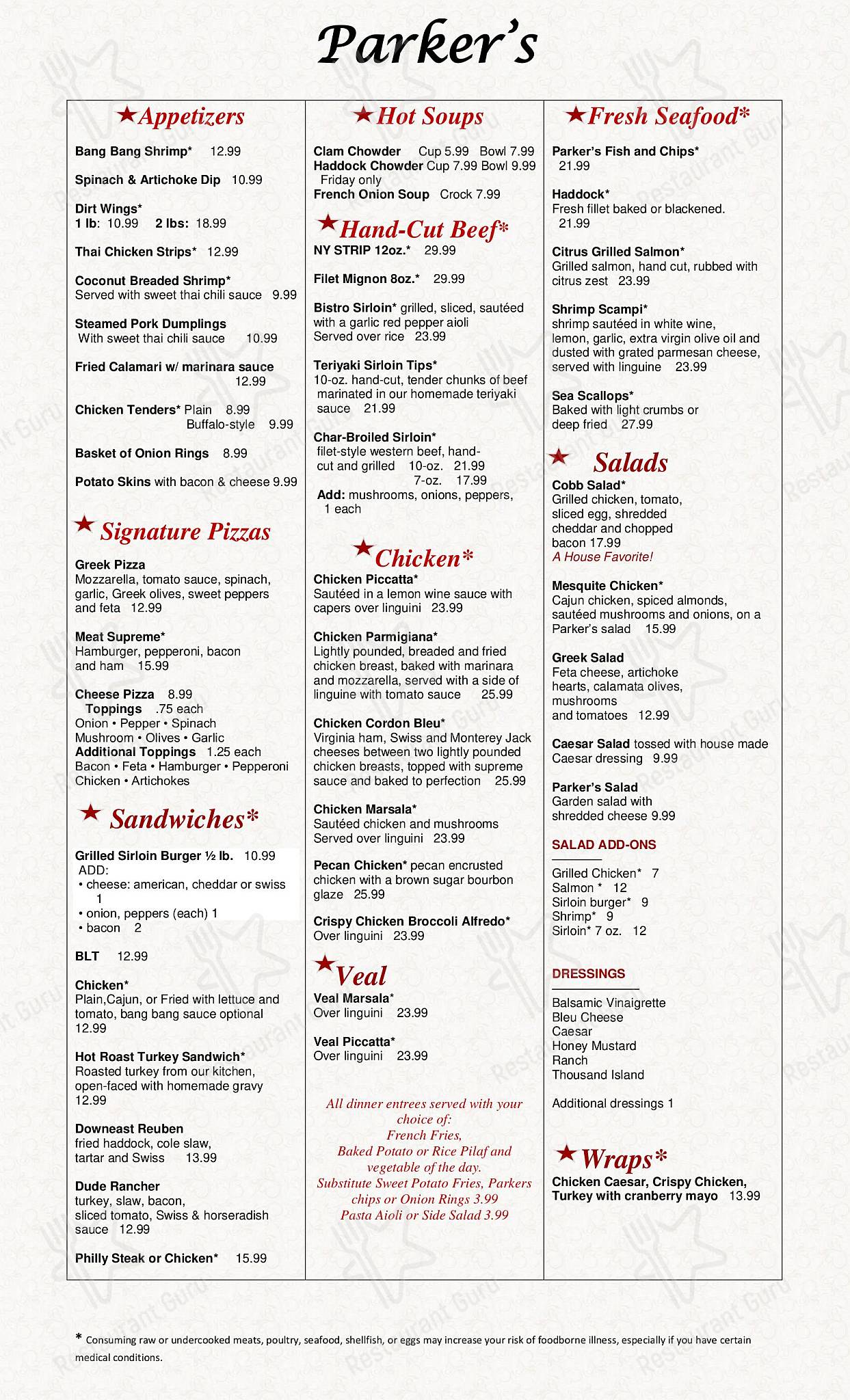 Menu at Parker's Restaurant, Portland
