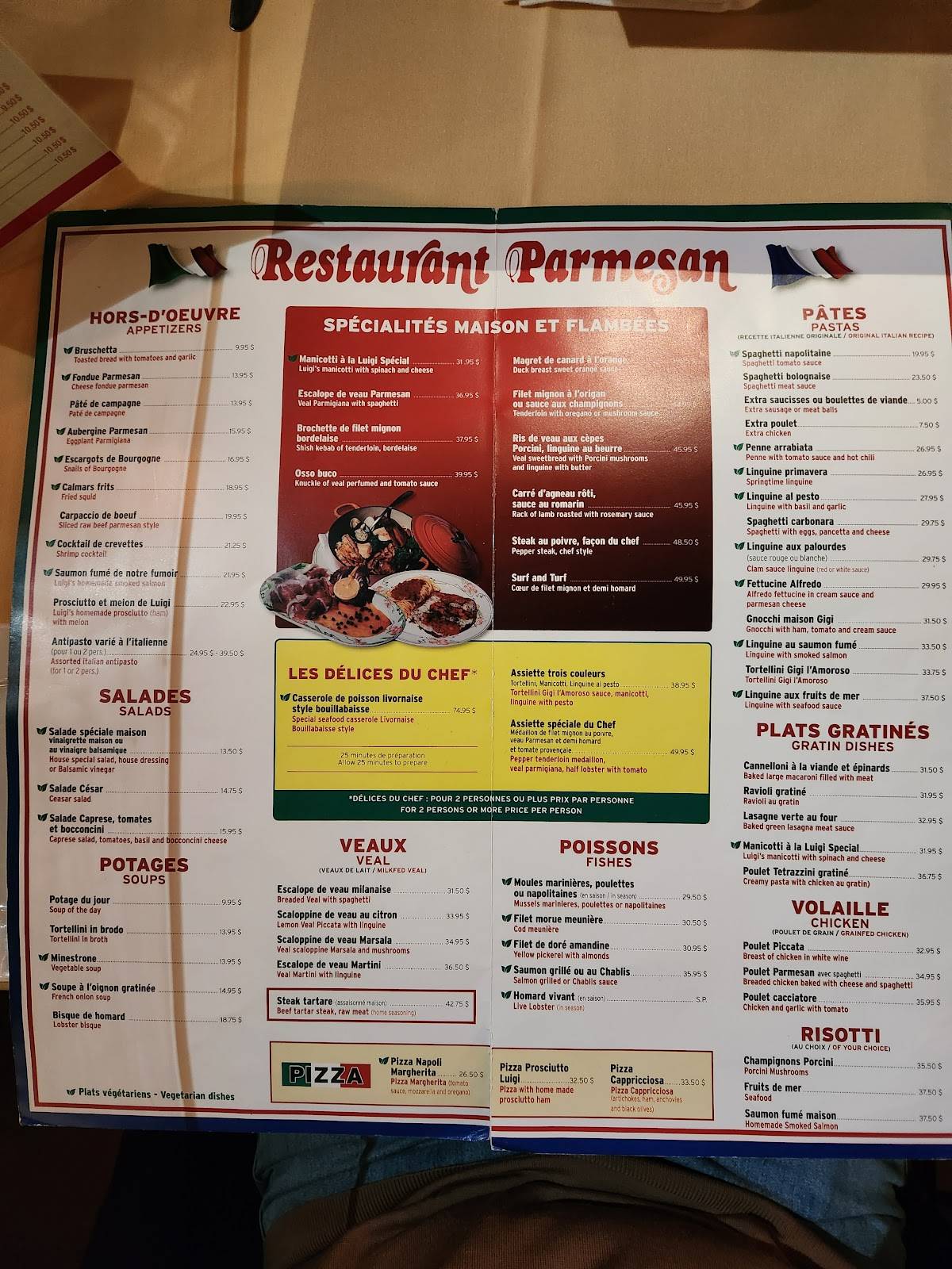 Menu au Restaurant Parmesan, Québec