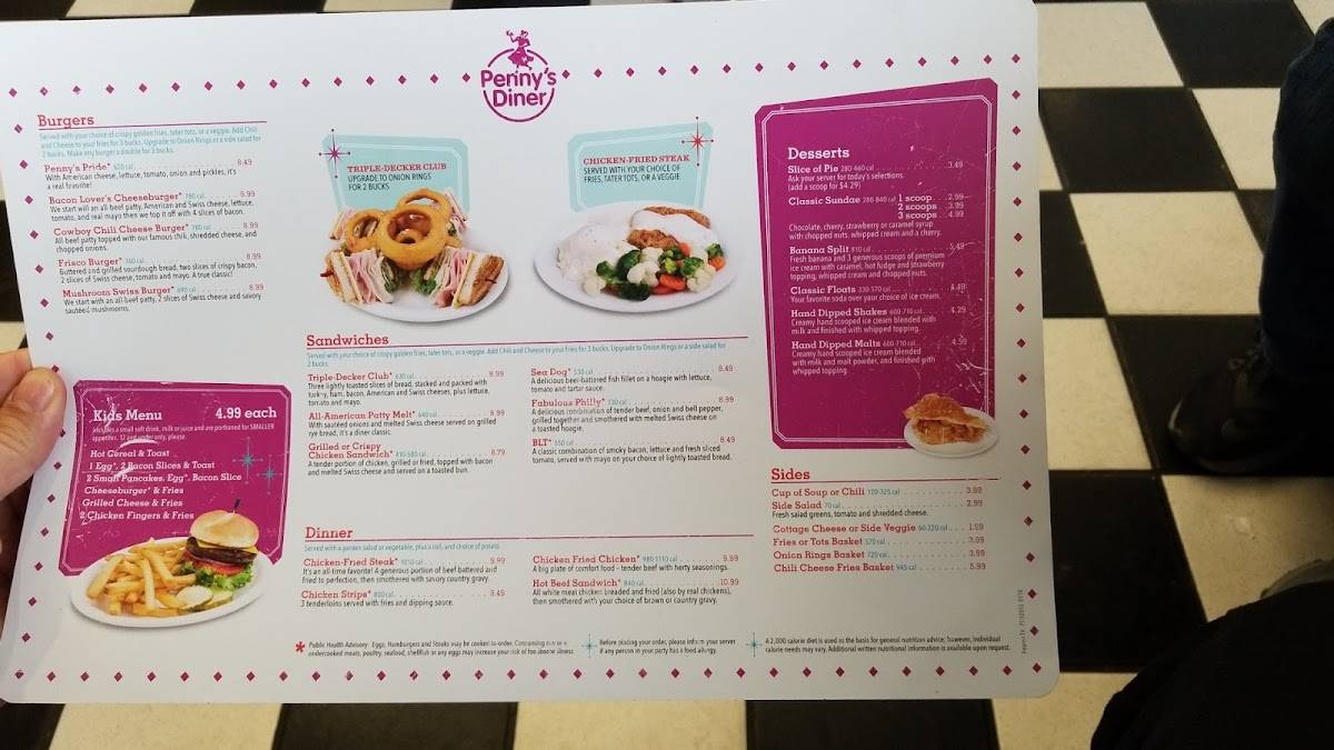 Menu at Penny's Diner restaurant, Hearne
