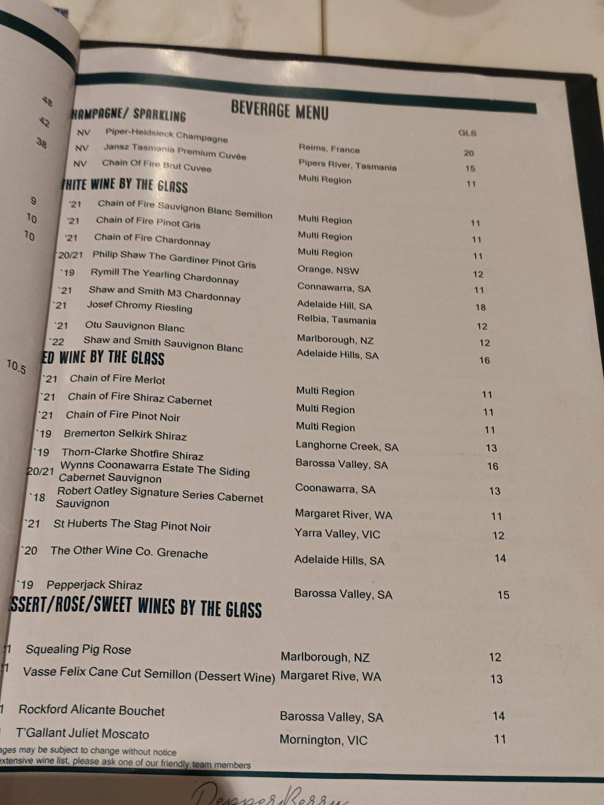 Menu at PepperBerry restaurant, Darwin City