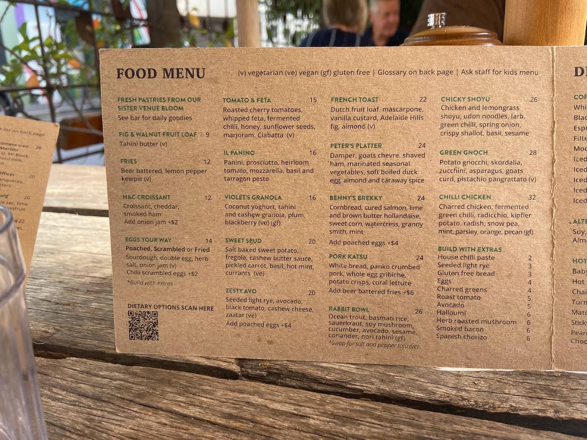 Menu at Peter Rabbit Cafe, Adelaide