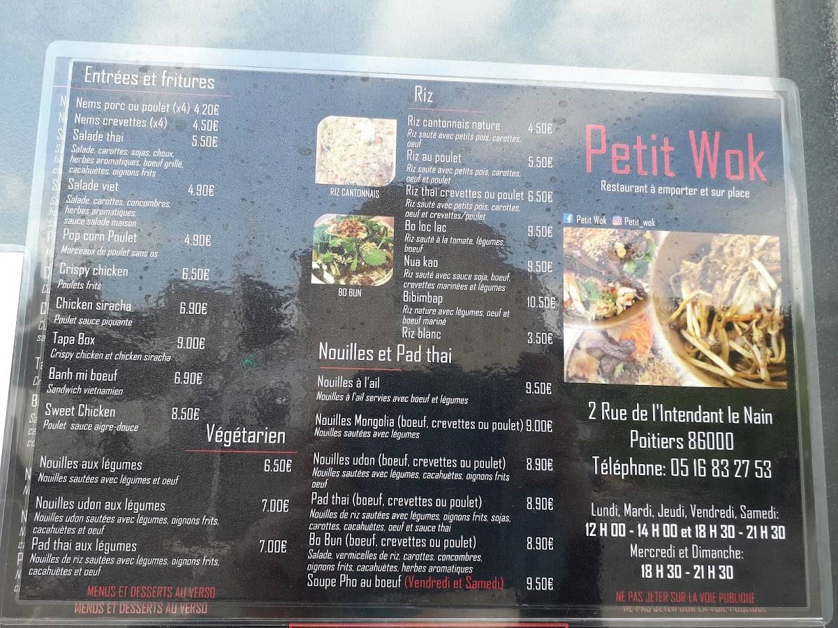 Menu au Petit Wok restaurant, Poitiers