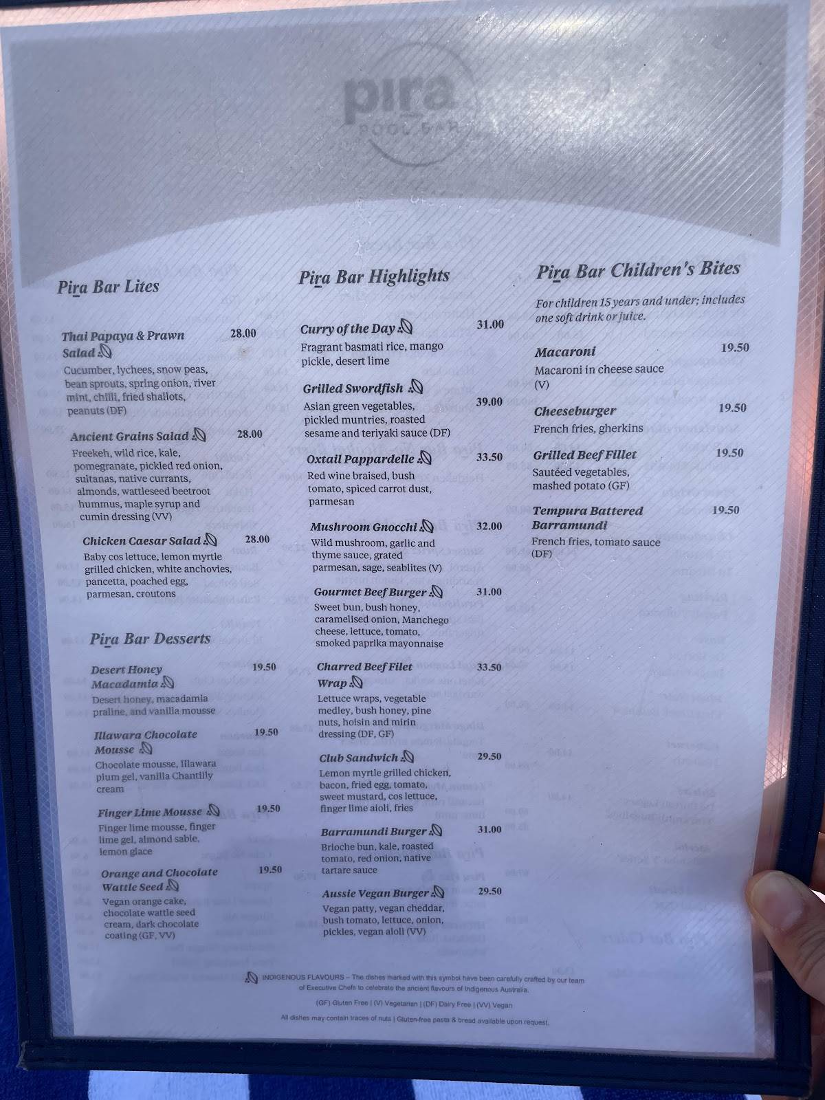 Menu at Pira Pool Bar, Yulara