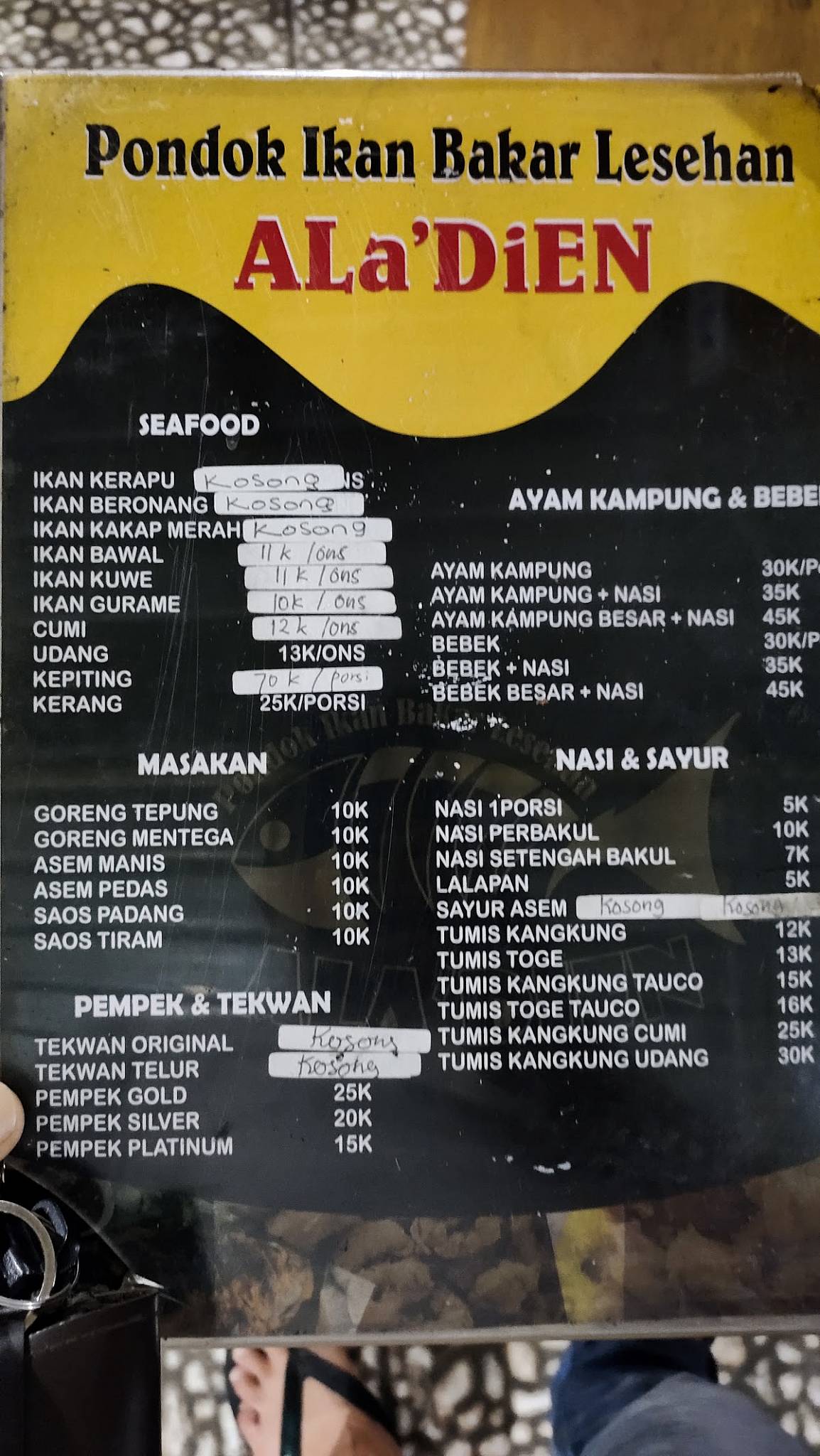 Menu at Pondok Ikan Bakar Lesehan ALa'DiEN restaurant, Tangerang