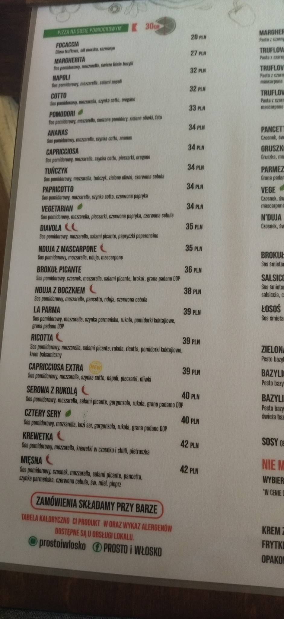 Menu at Prosto i Włosko restaurant, Koscierzyna