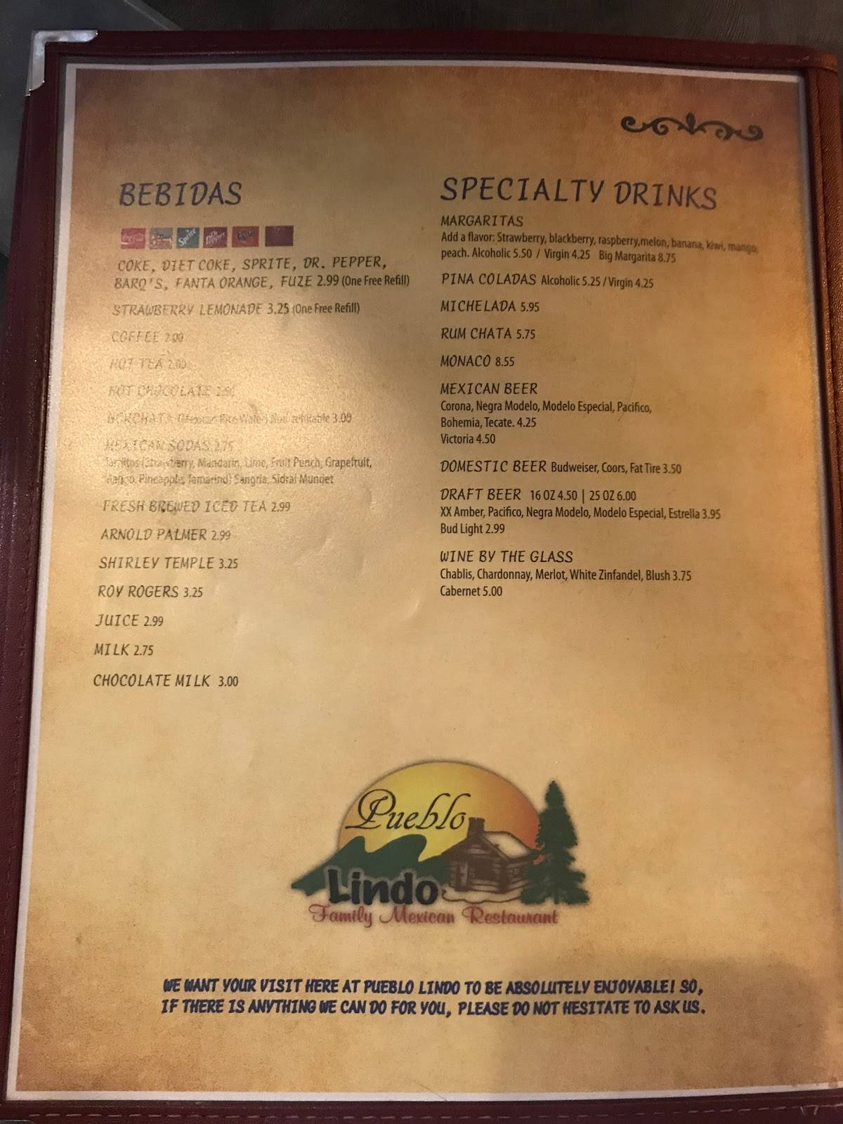 Menu at Pueblo Lindo restaurant, McCall