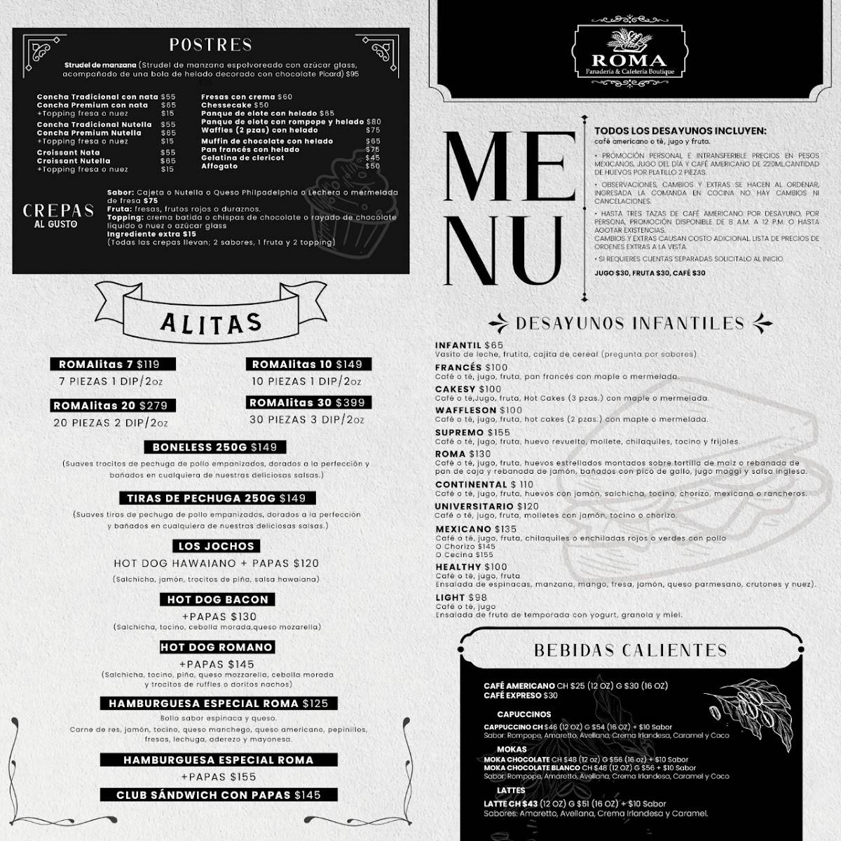 Carta de ROMA Cafetería Boutique, Toluca de Lerdo