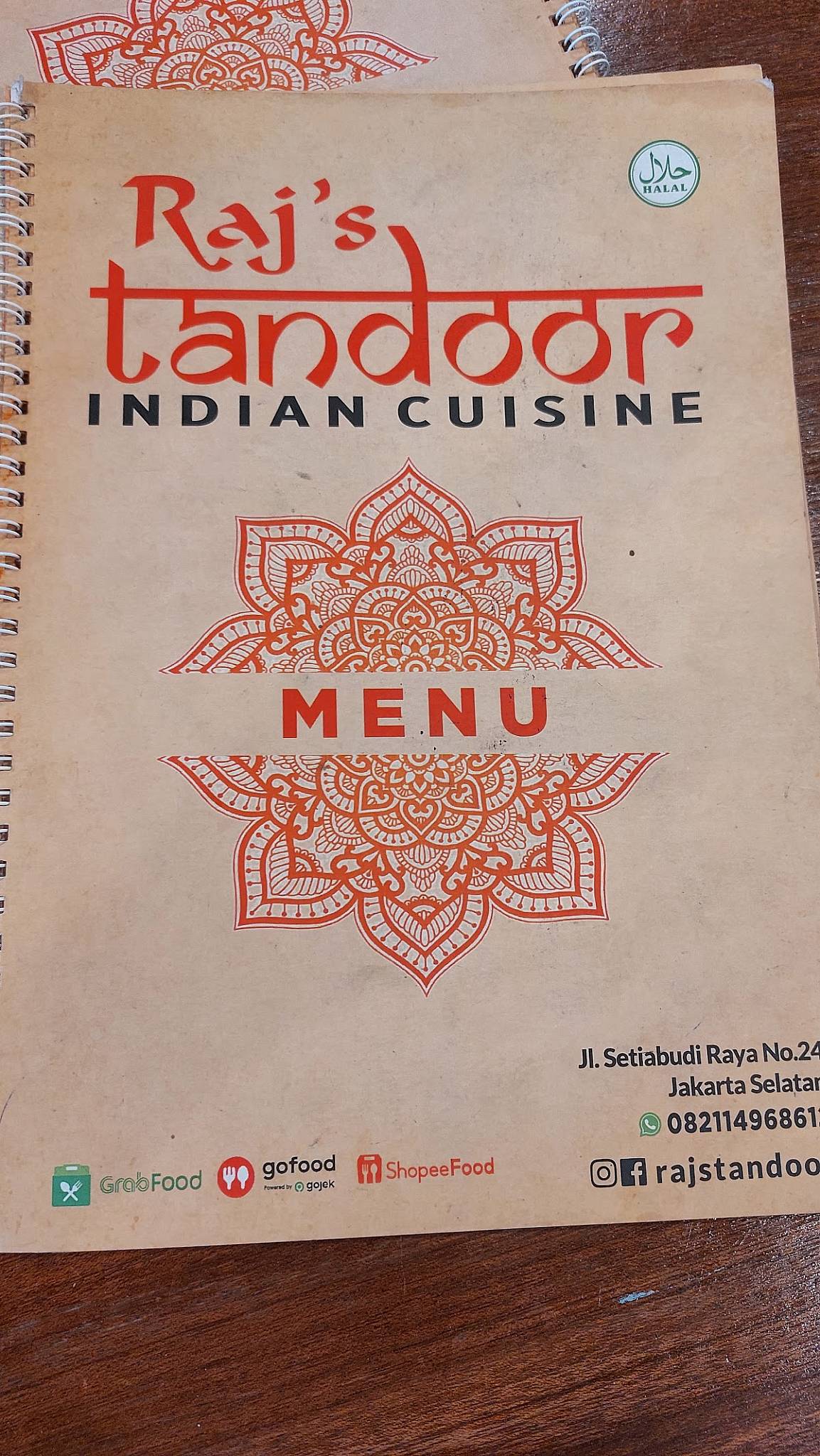 Menu at Raj's Tandoor, Setiabudi restaurant, South Jakarta