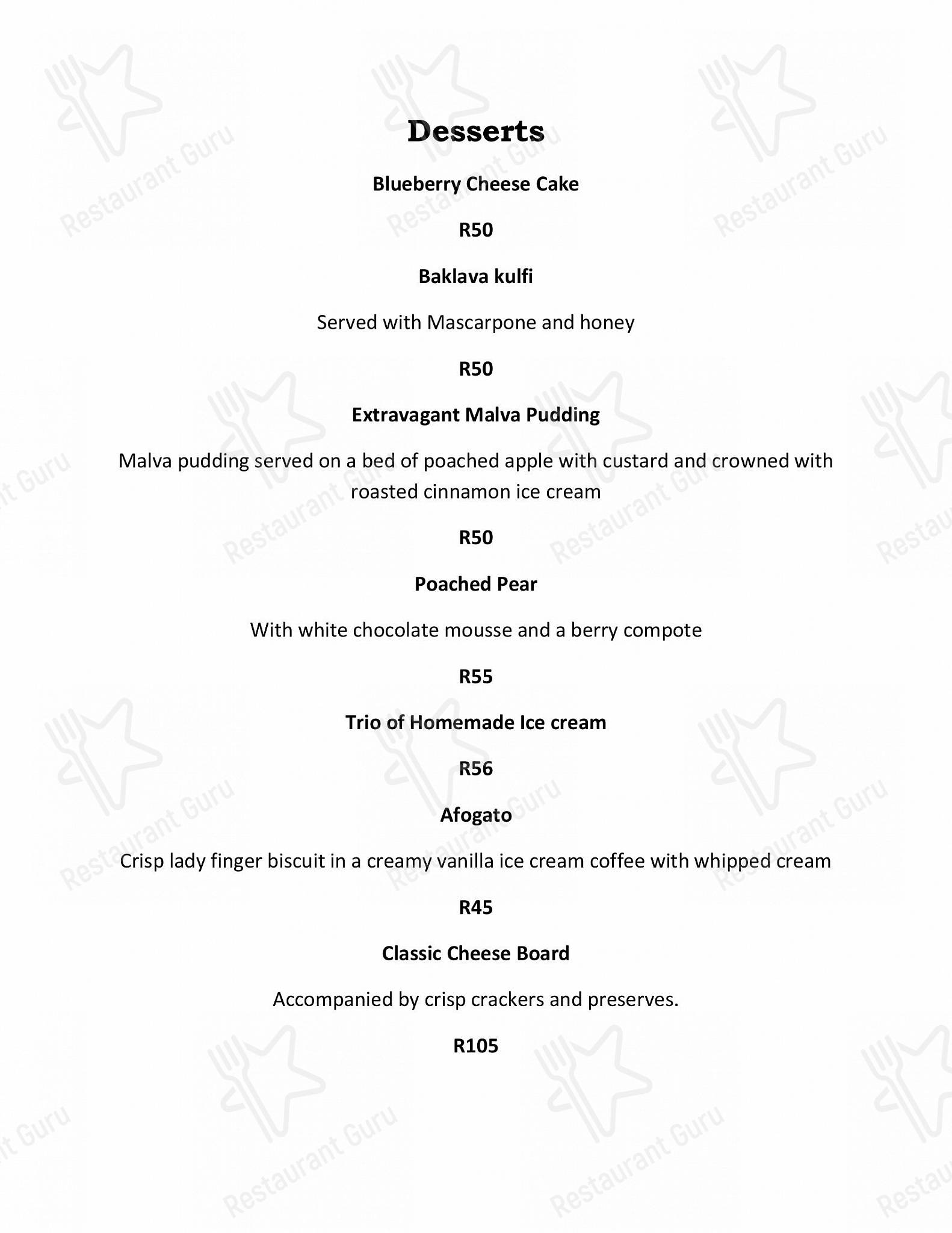 Menu at Redlands Hotel & Conference Center, Pietermaritzburg