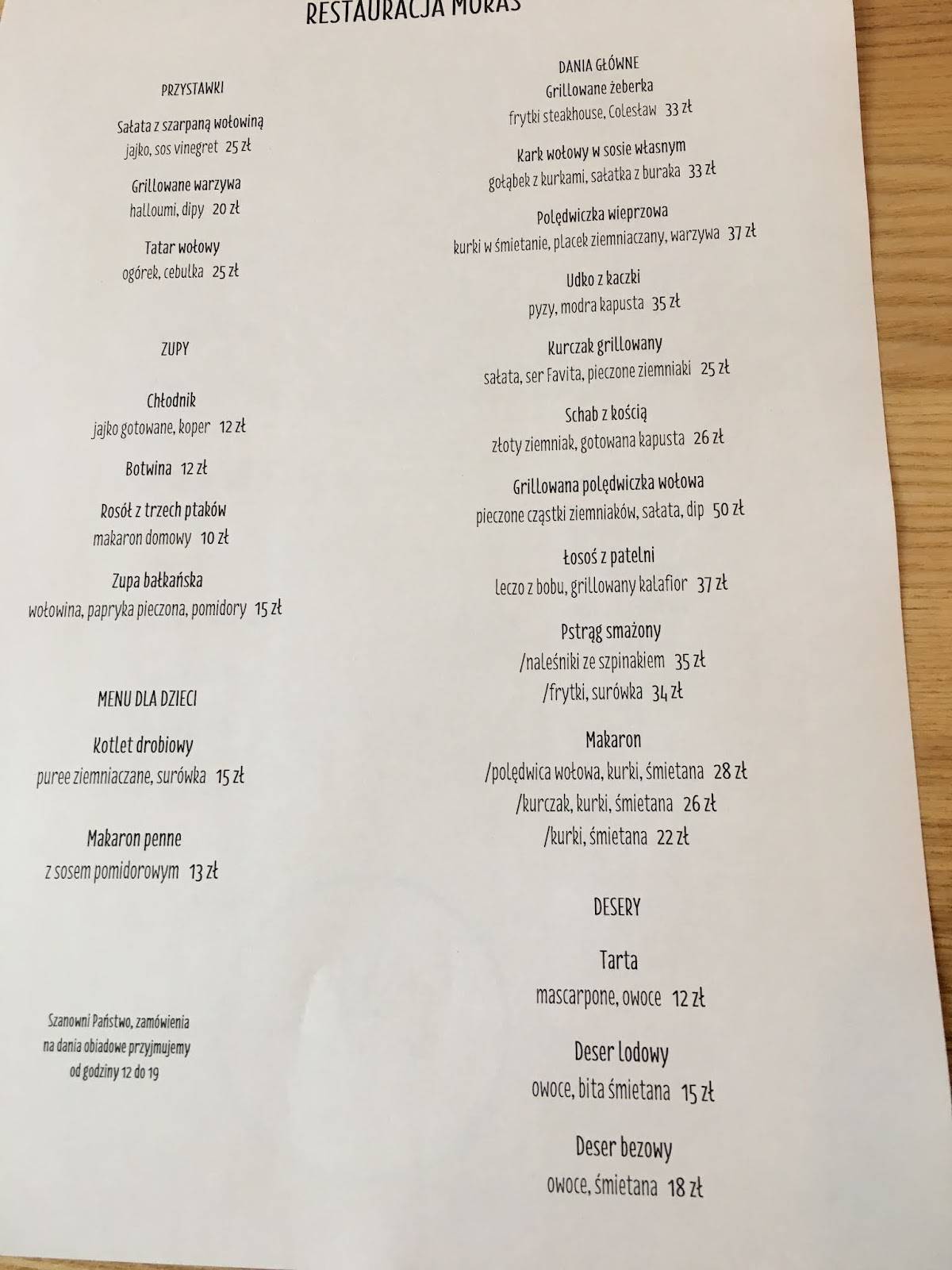 Menu at Restauracja Moraś restaurant, Skoki