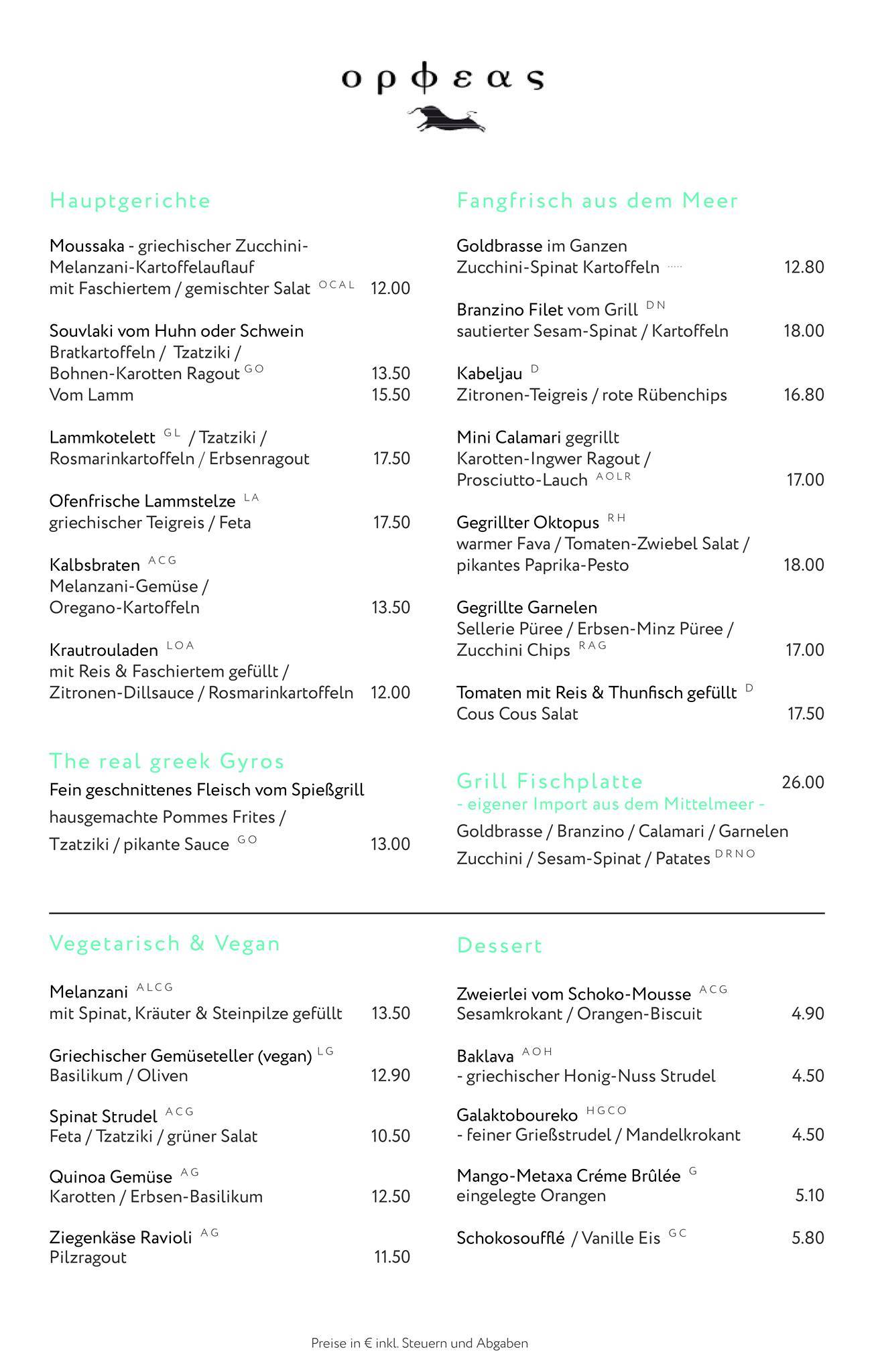 Speisekarte von Orpheas restaurant, Wien