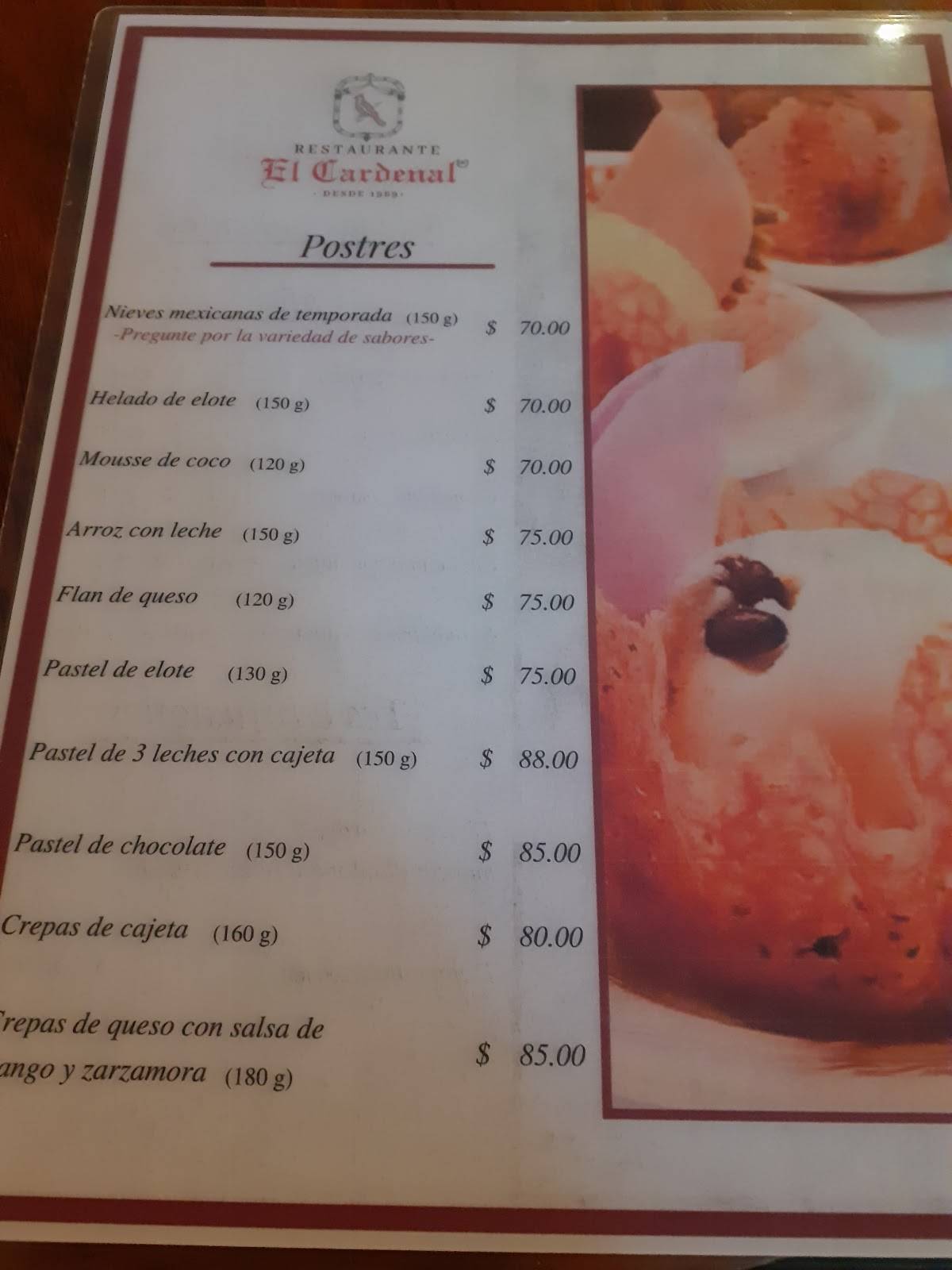Carta del restaurante El Cardenal del San Ángel, Ciudad del México, Av ...