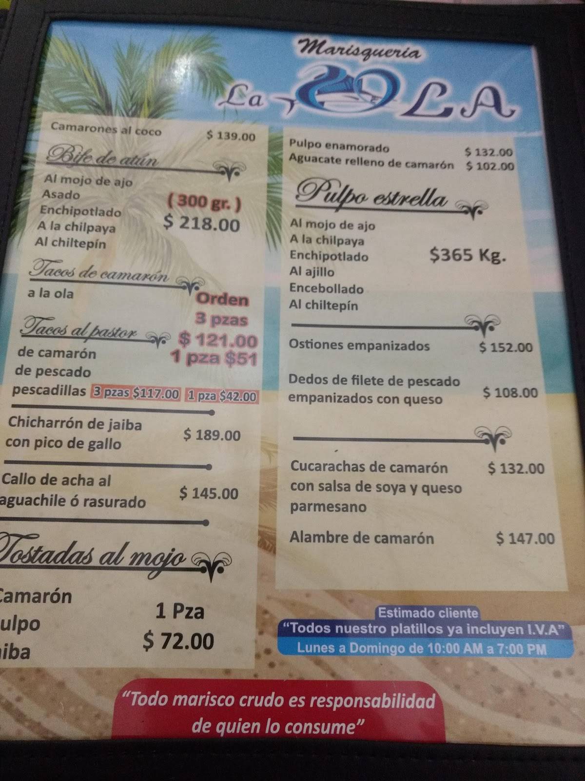 Carta del restaurante La Ola Marisquería, Heroica Puebla del Zaragoza ...