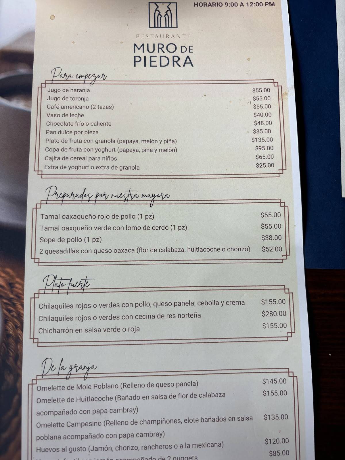 Menu at Restaurante Muro de Piedra, Mexico