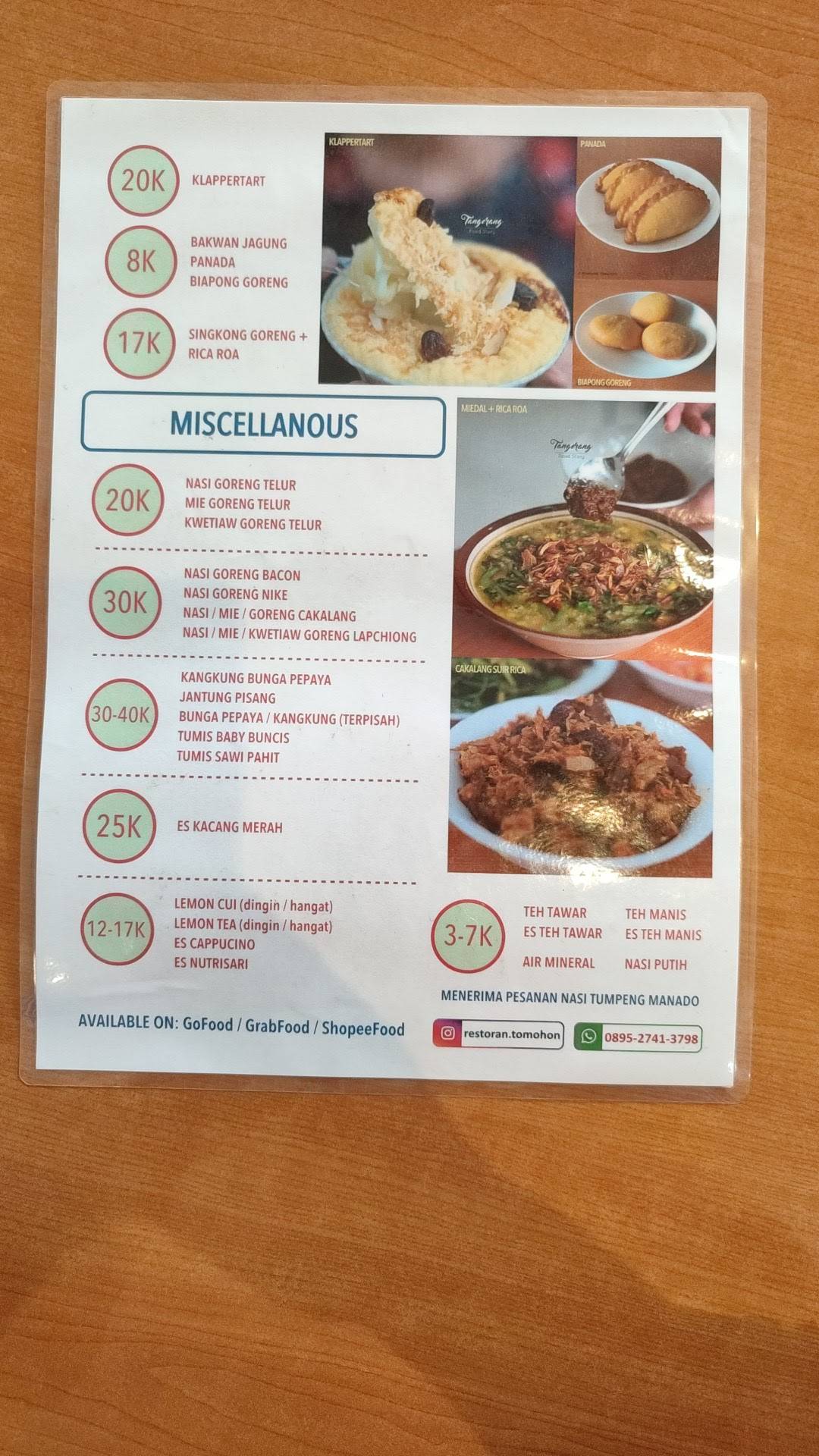 Carta del restaurante Restoran Tomohon (Rasa Asli Manado) - Gading ...