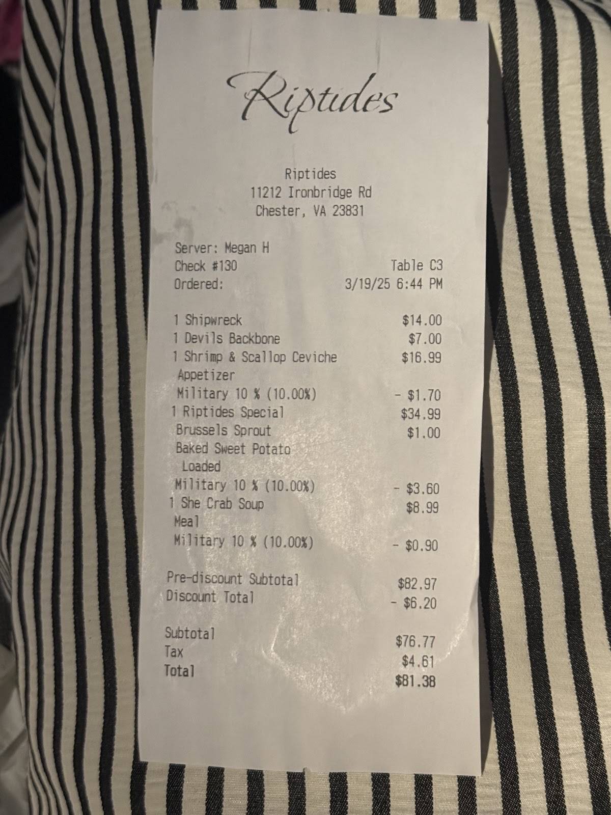 Menu at Riptides Seafood Restaurant, Chester