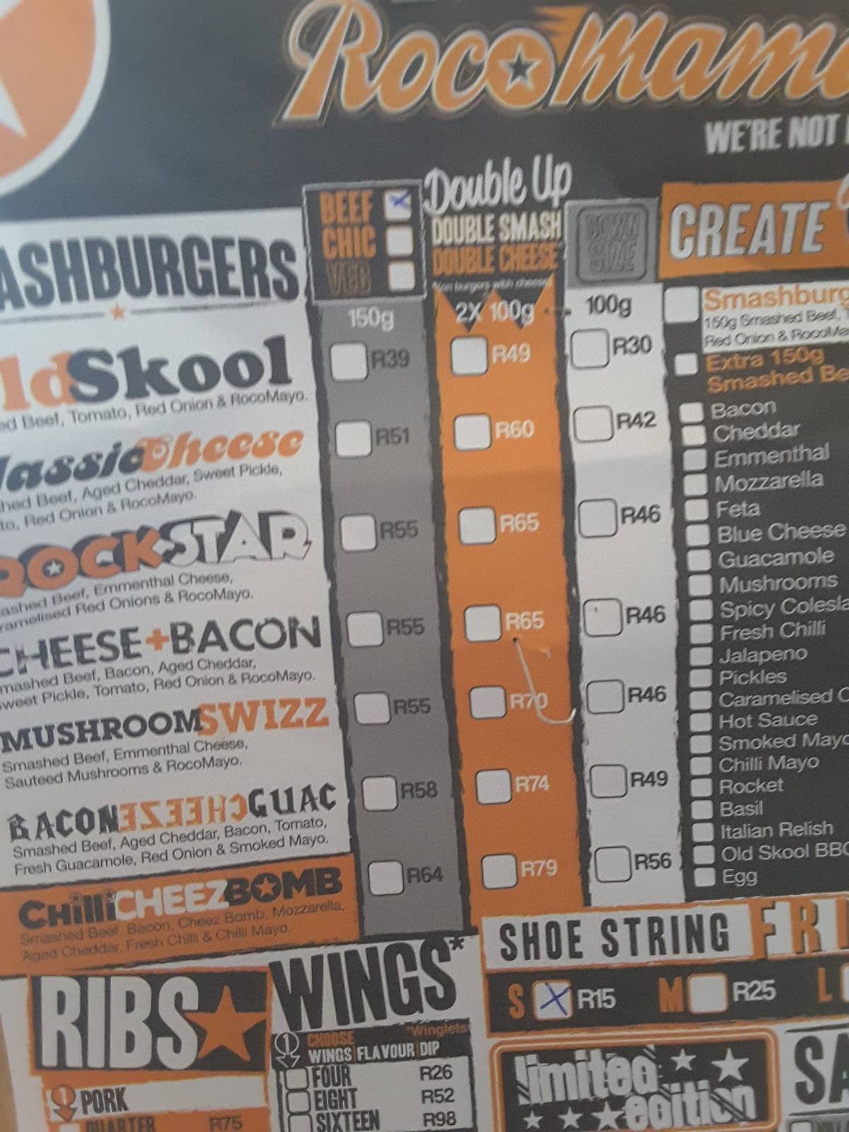 Menu at RocoMamas Scottsville restaurant, Pietermaritzburg, Shop 3