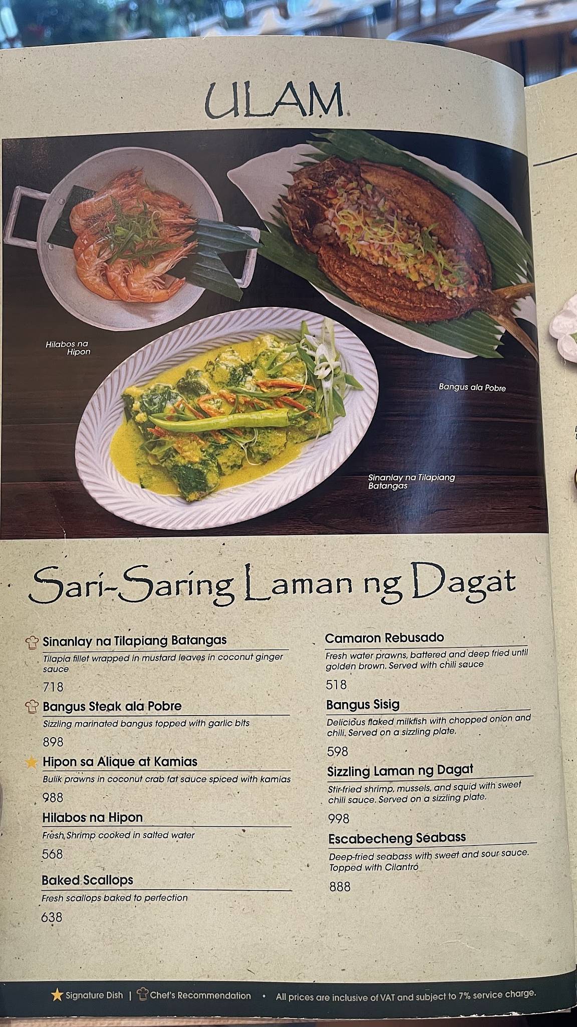Menu at Rosario, Pamanang Panlasa restaurant, Tagaytay
