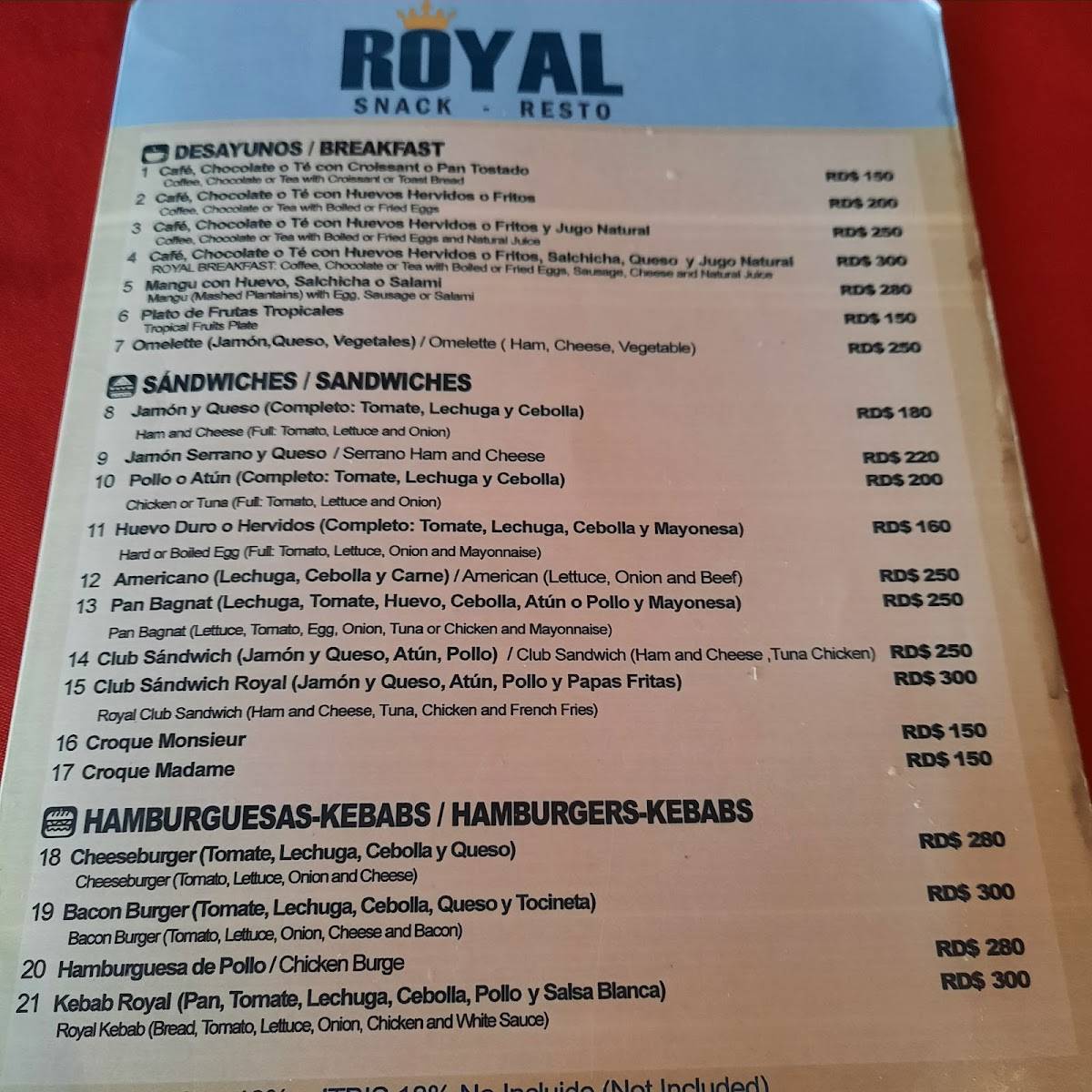 Carta de El Royal Bar & Restaurante, Samana