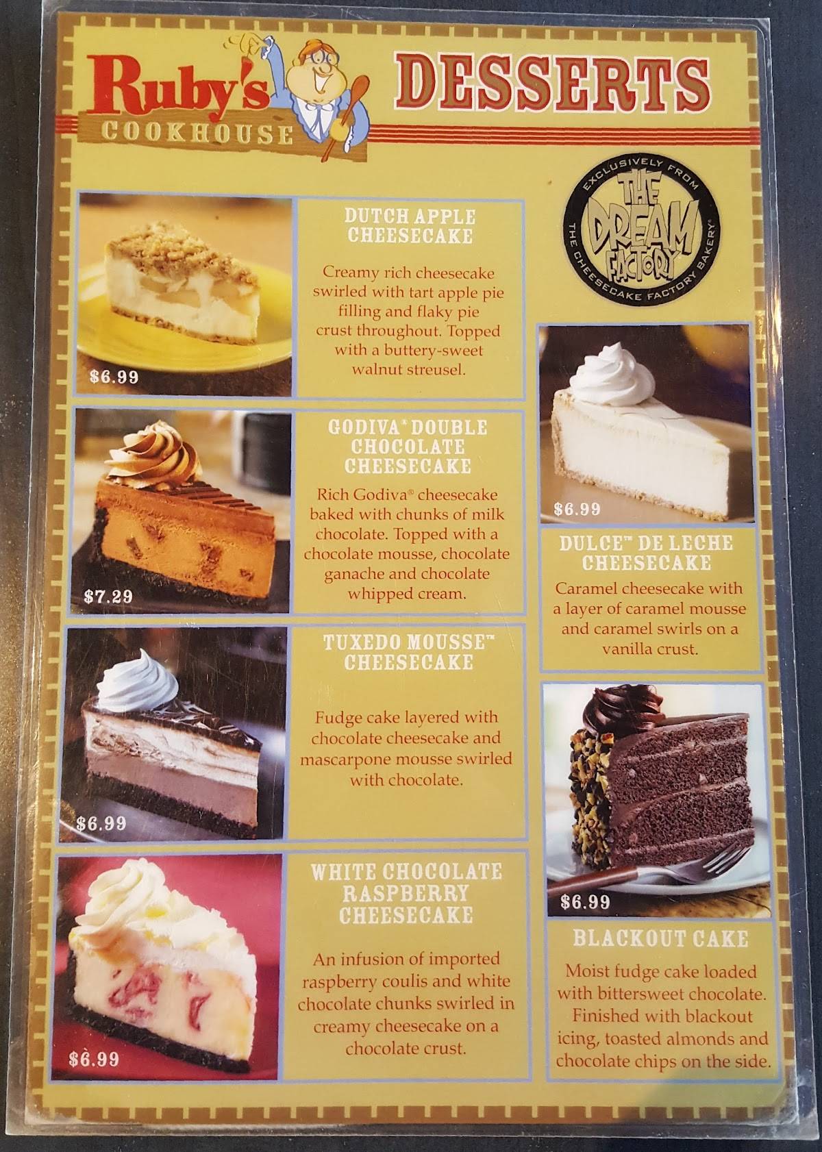 Menu at Ruby's Cookhouse restaurant, Aylmer