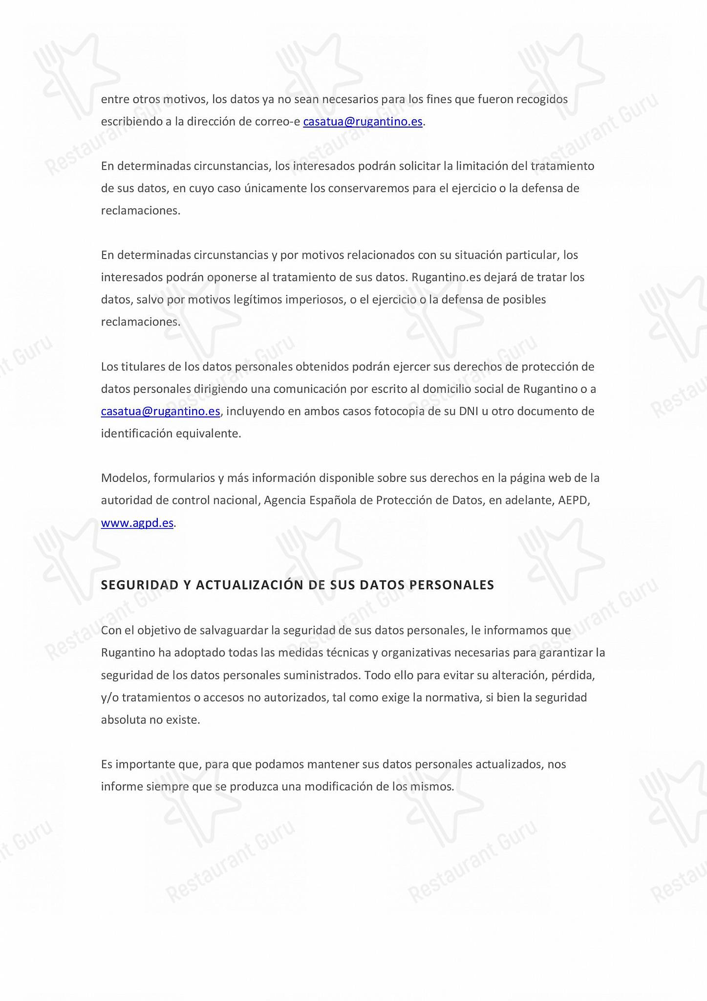 Carta del restaurante Rugantino, Madrid