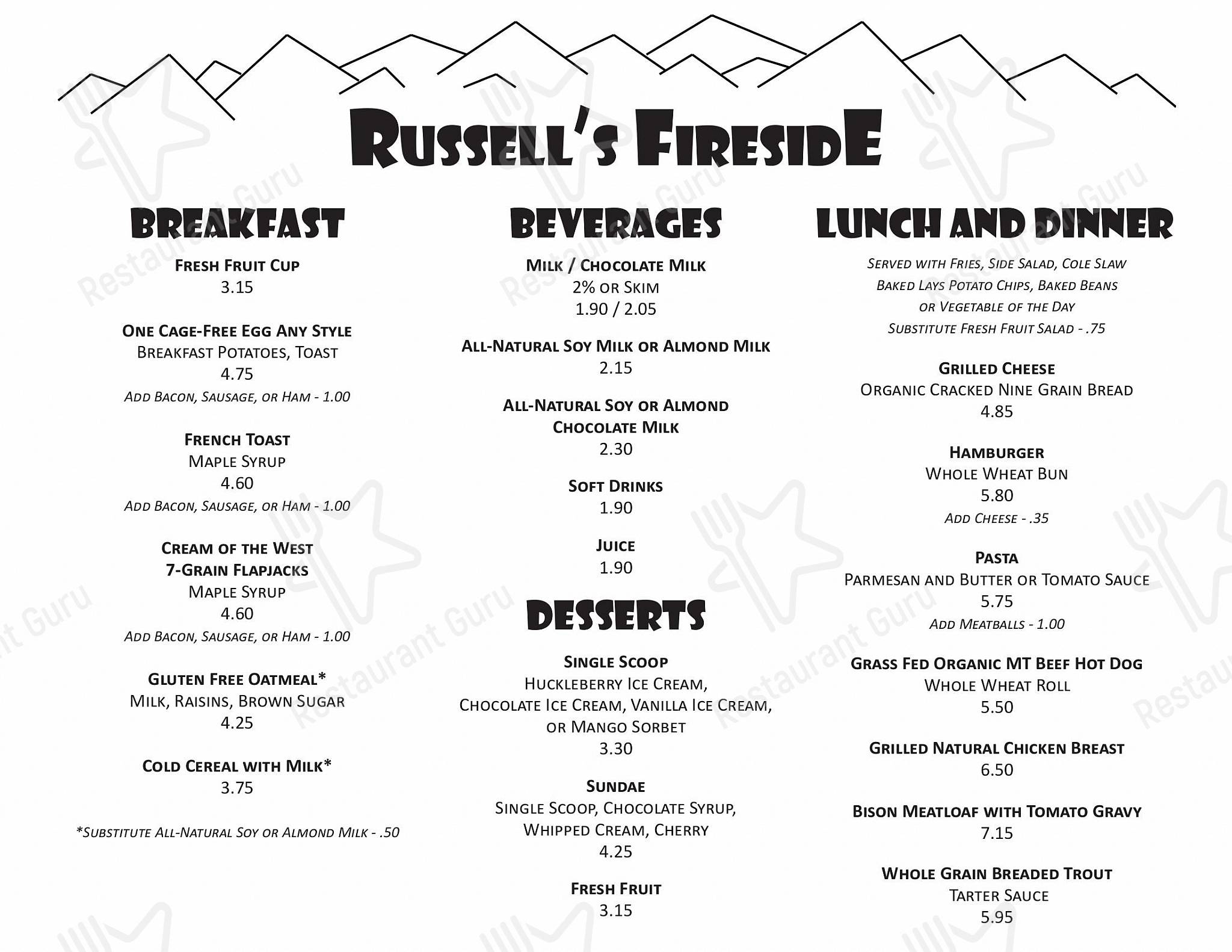 Menu at Russell's Fireside Dining Room restaurant, USA