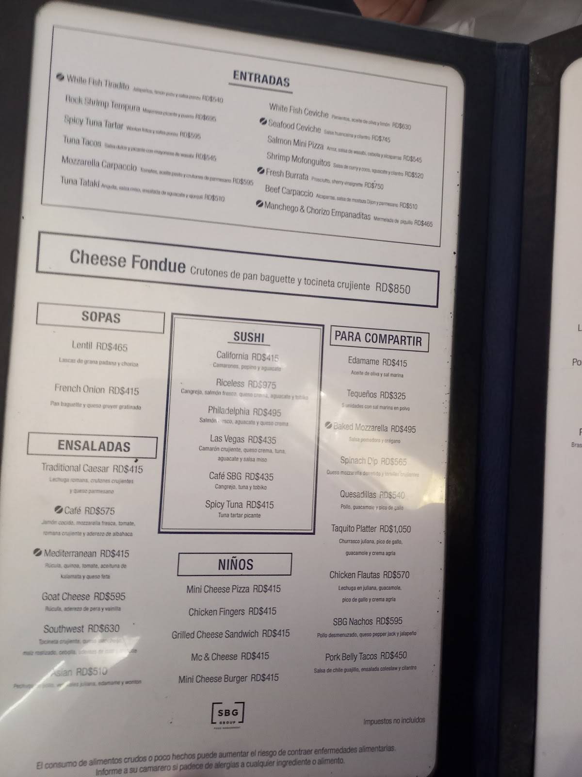 Menu at SBG Sophia's Bar & Grill, Santo Domingo, C. P.º de los Locutores 9