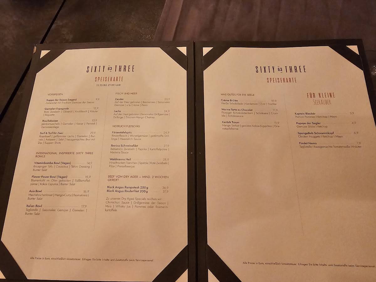 Speisekarte von Restaurant SIXTY THREE 63, Ostseebad Boltenhagen