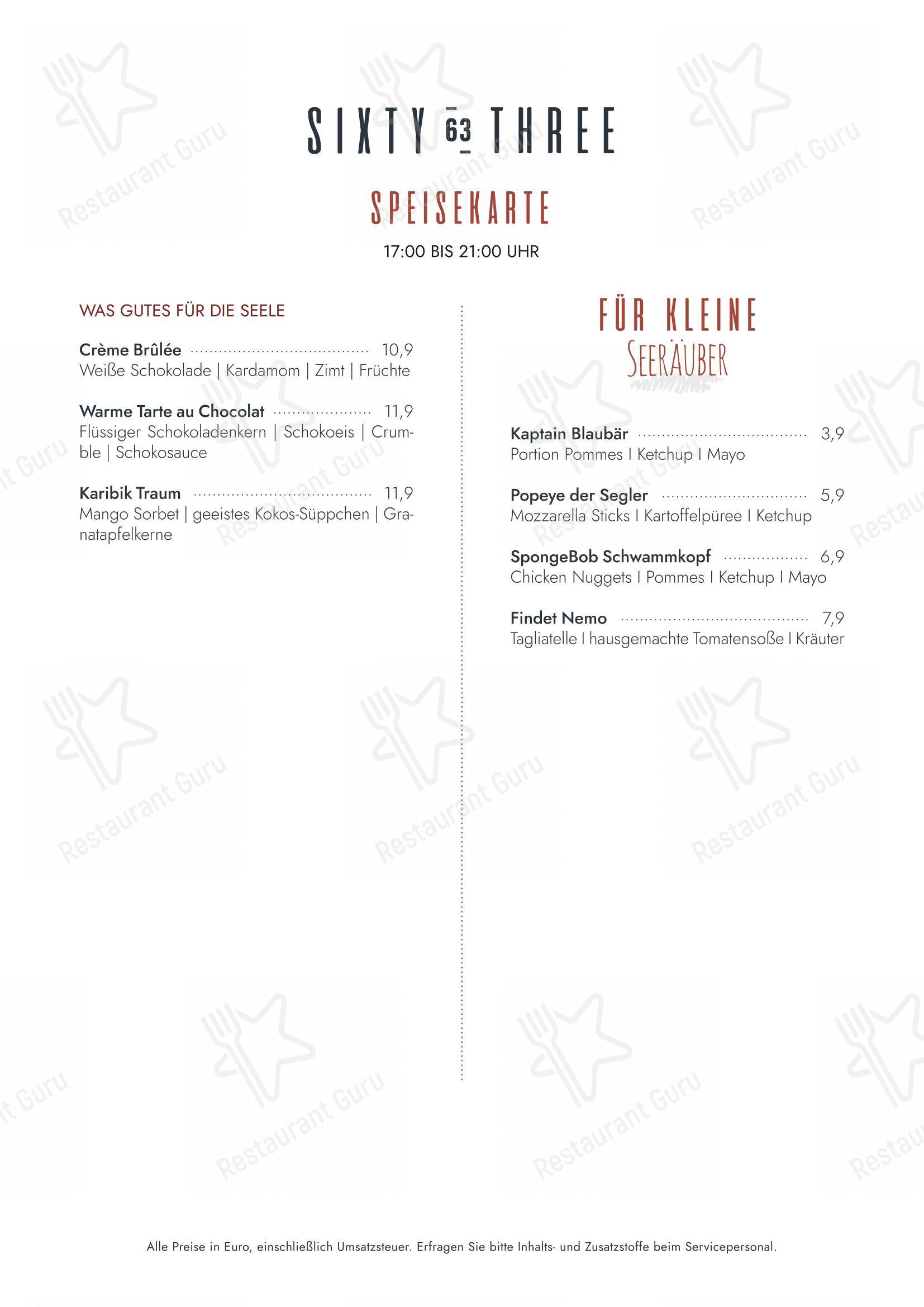 Speisekarte von Restaurant SIXTY THREE 63, Ostseebad Boltenhagen