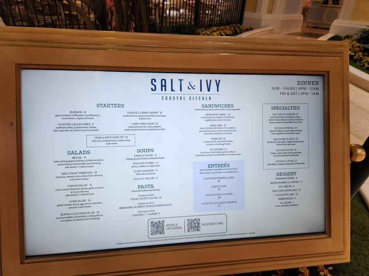 Menu at Salt & Ivy, A Coastal Kitchen cafe, Biloxi, Beau Rivage Resort ...