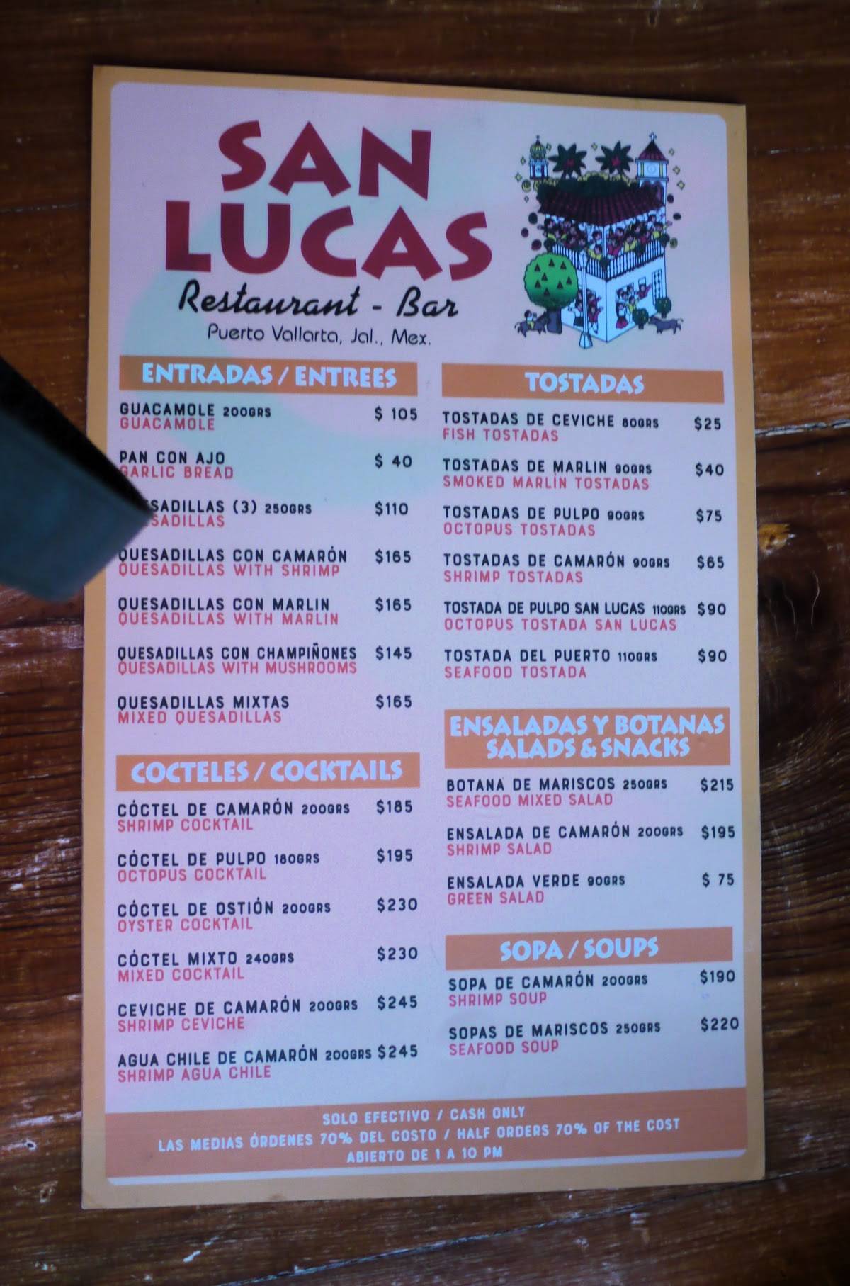 Menu at Restaurant San Lucas, Puerto Vallarta, Lázaro Cárdenas 355
