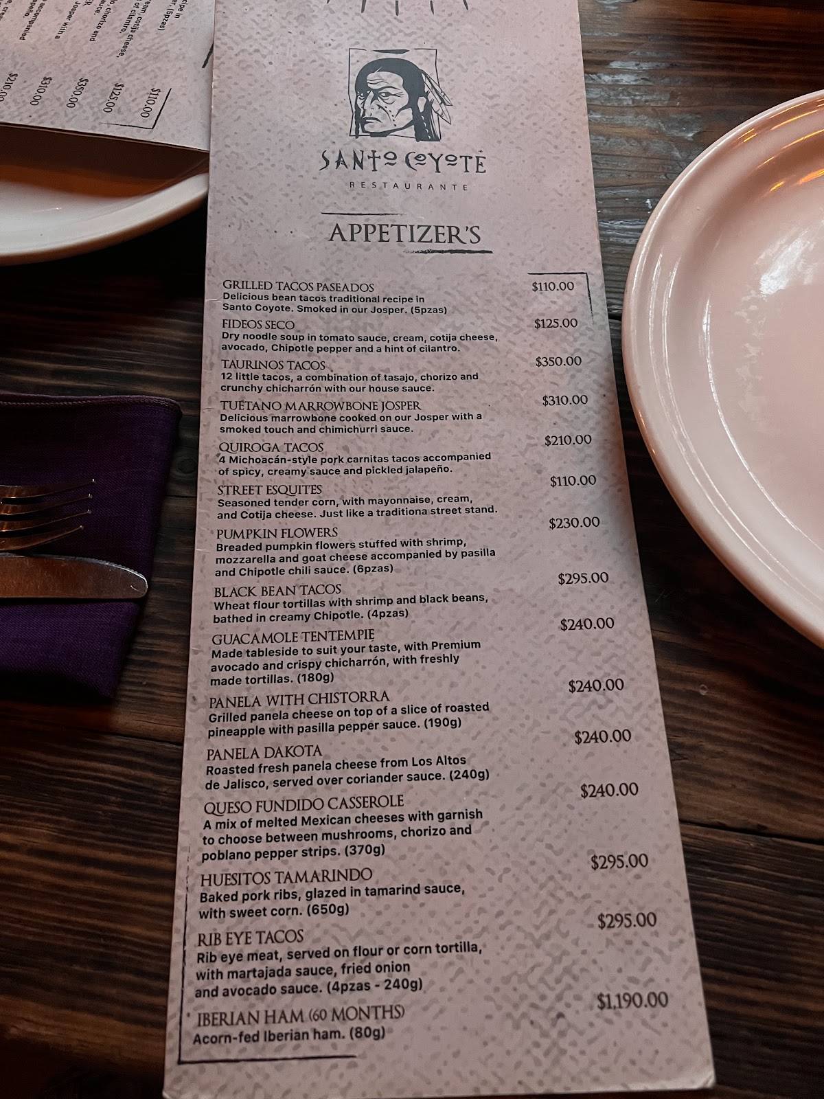 Menu at Santo Coyote restaurant, Guadalajara, C. Miguel Lerdo de Tejada ...