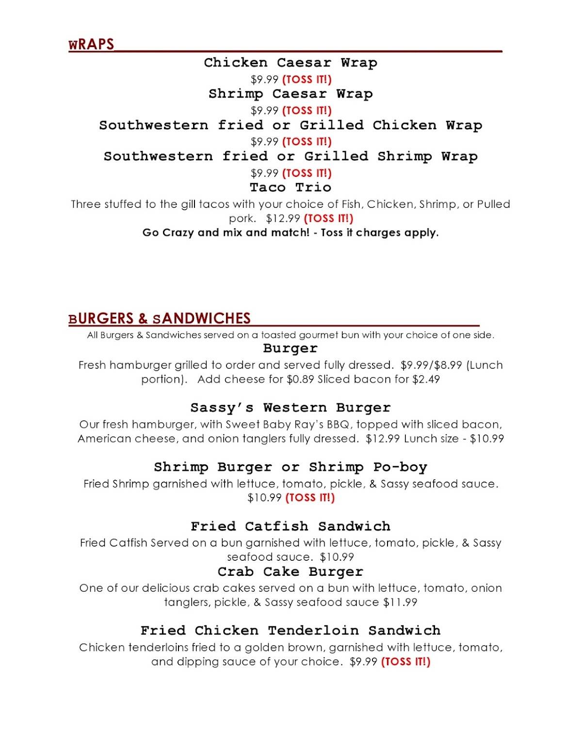 Menu at Sassy's Restaurant, Hurley
