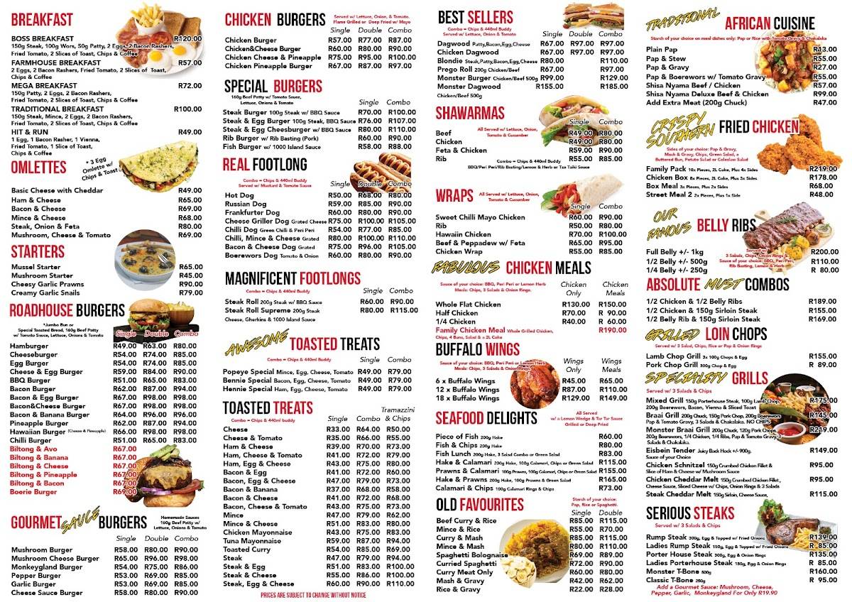 Menu at Sazbar Roadhouse Brakpan, Brakpan