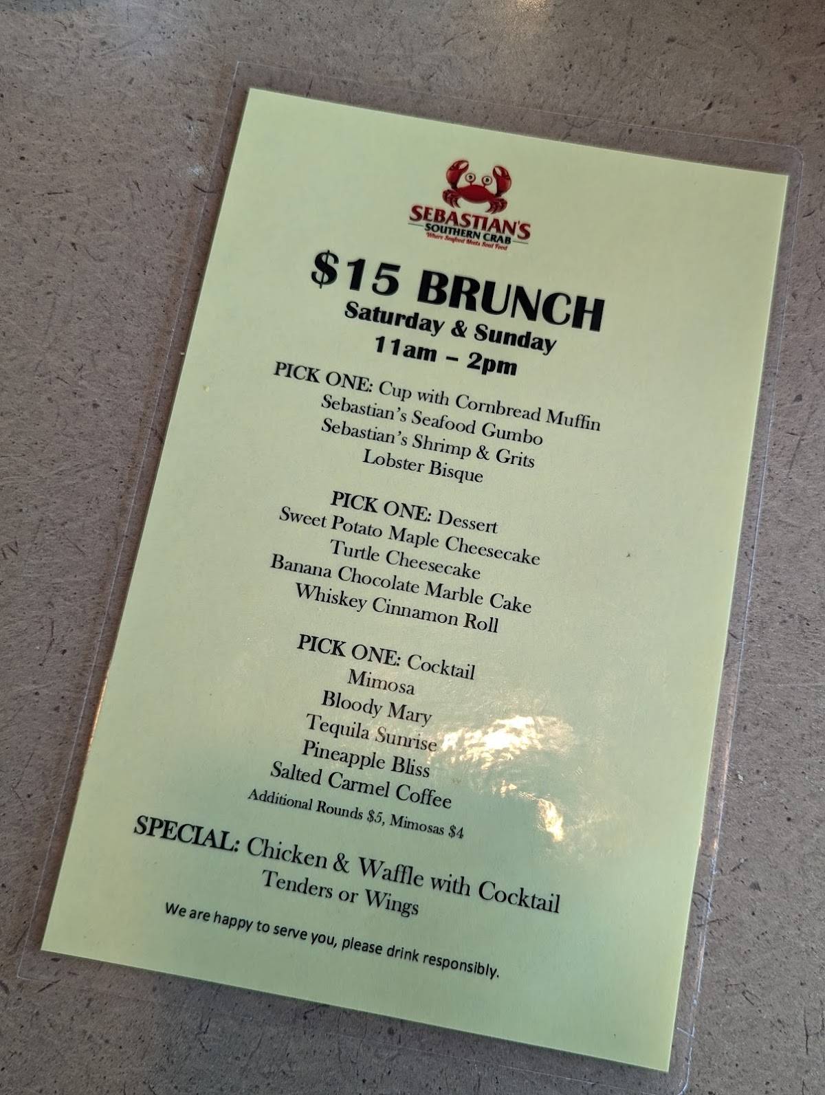 Menu at Sebastian's Southern Crab restaurant, Omaha