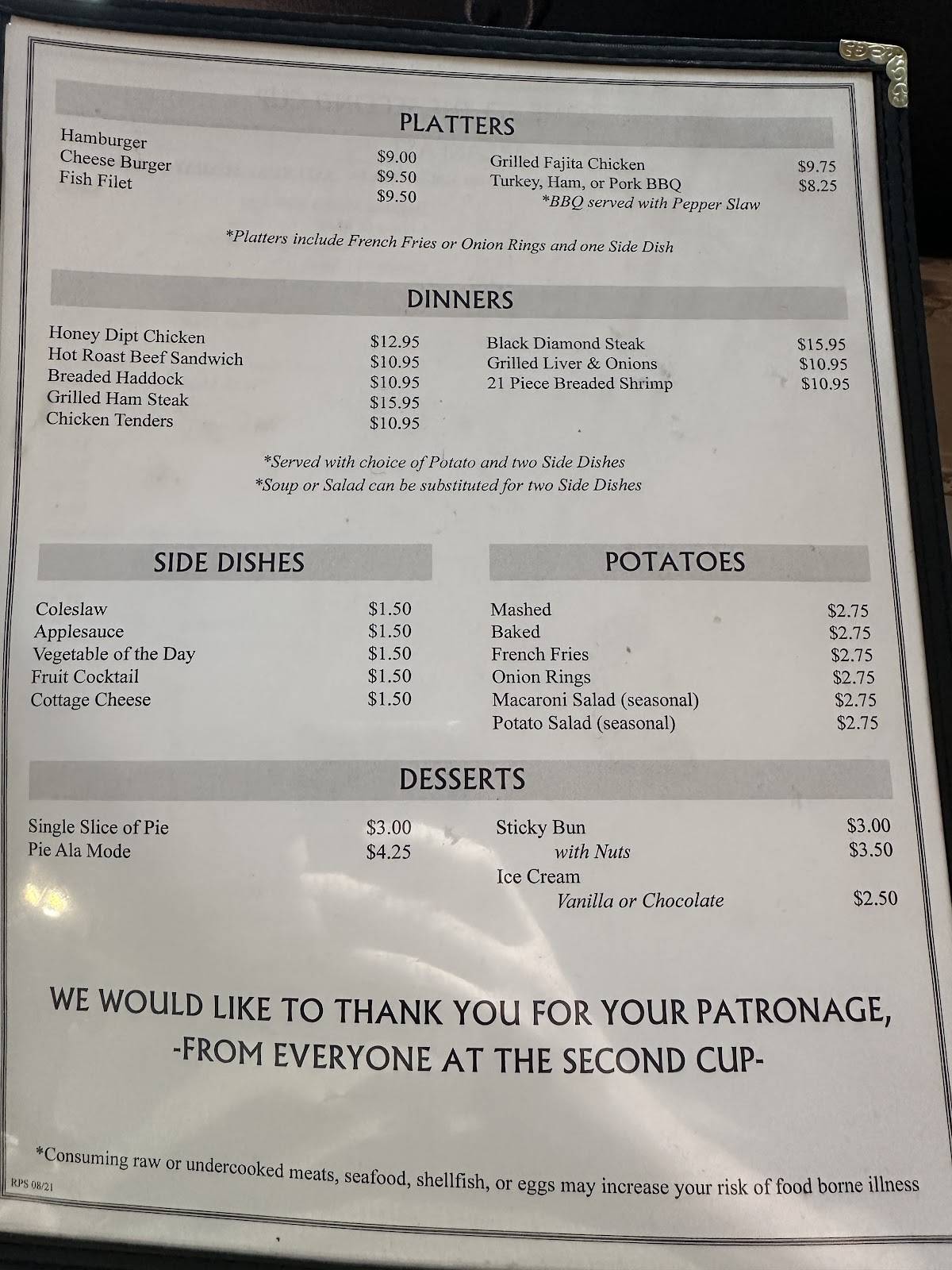 Menu at Second Cup restaurant, Lock Haven