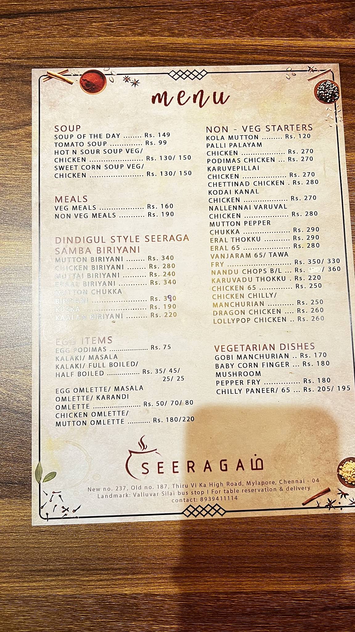 Menu at Seeragam, Chennai