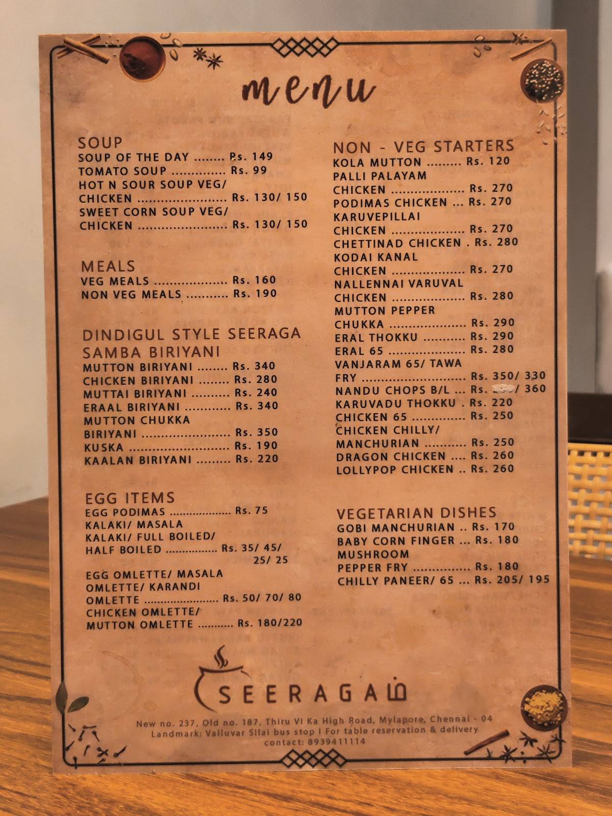 Menu at Seeragam, Chennai